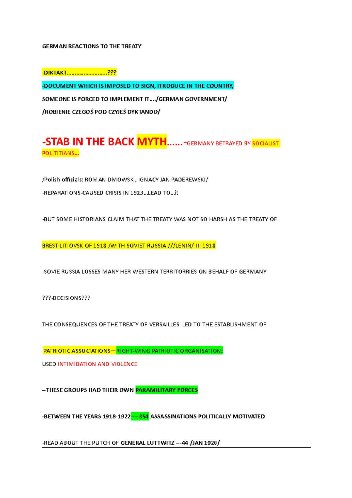 German Reactions TO THE Treaty - GERMAN REACTIONS TO THE TREATY - Studocu