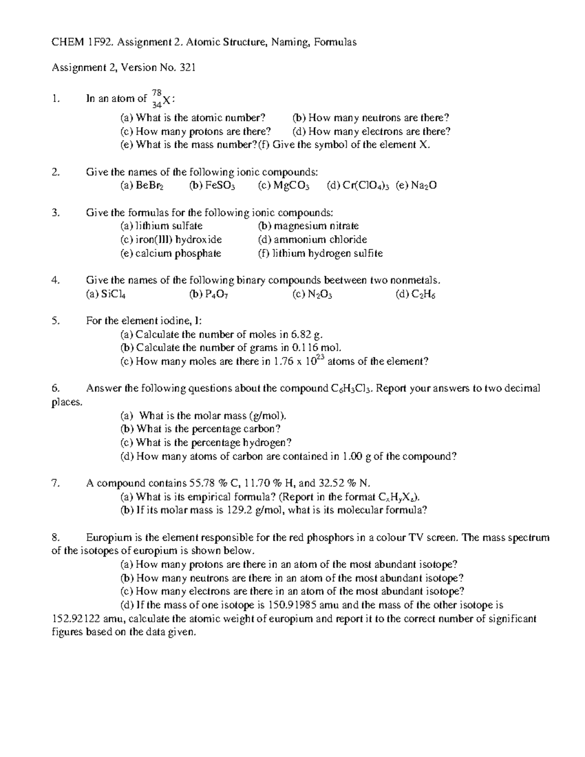 A2 - Practice - CHEM 1F92. Assignment 2. Atomic Structure, Naming ...