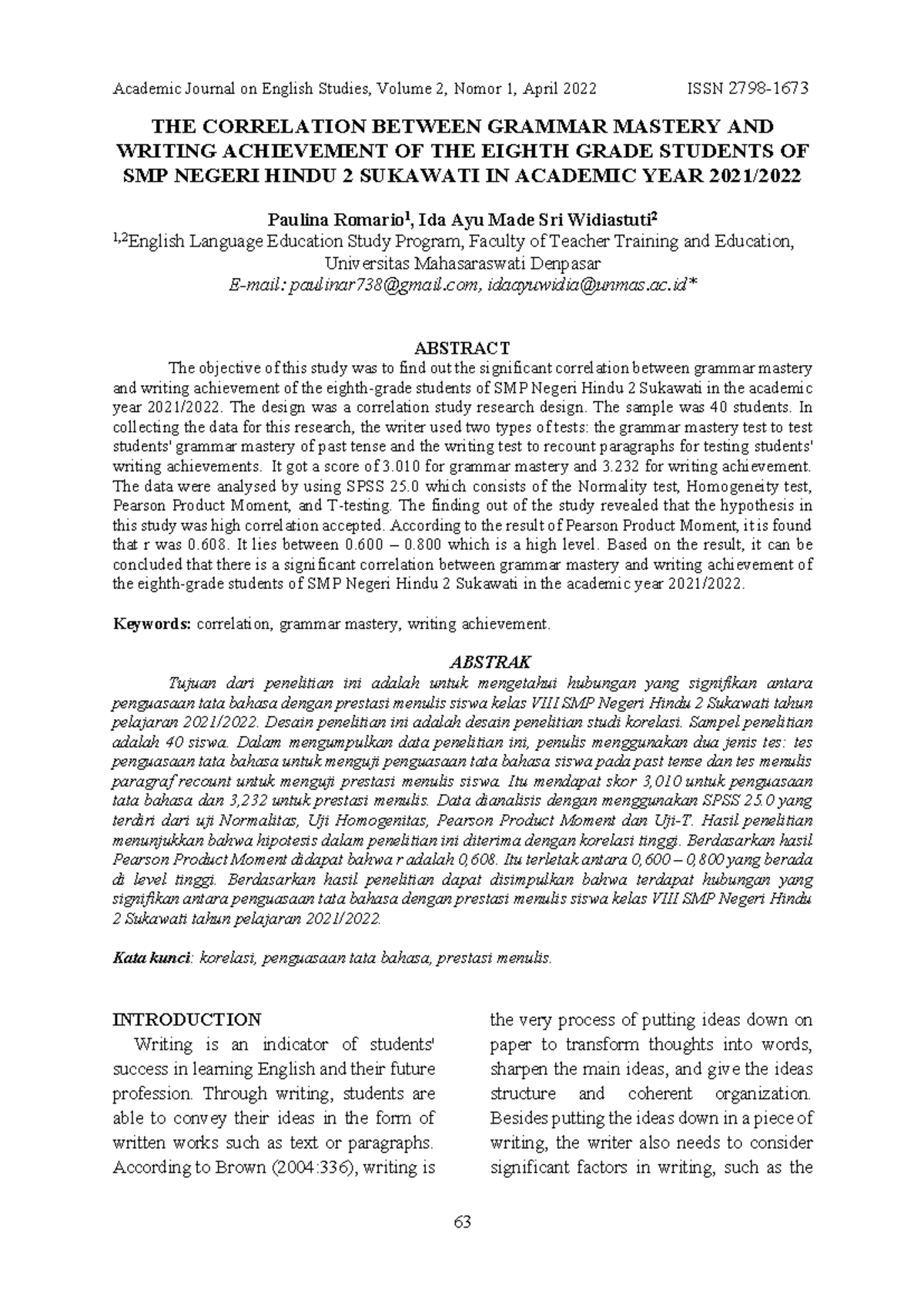 THE Correlation Between Grammar Mastery AND Writing Achievement OF THE ...
