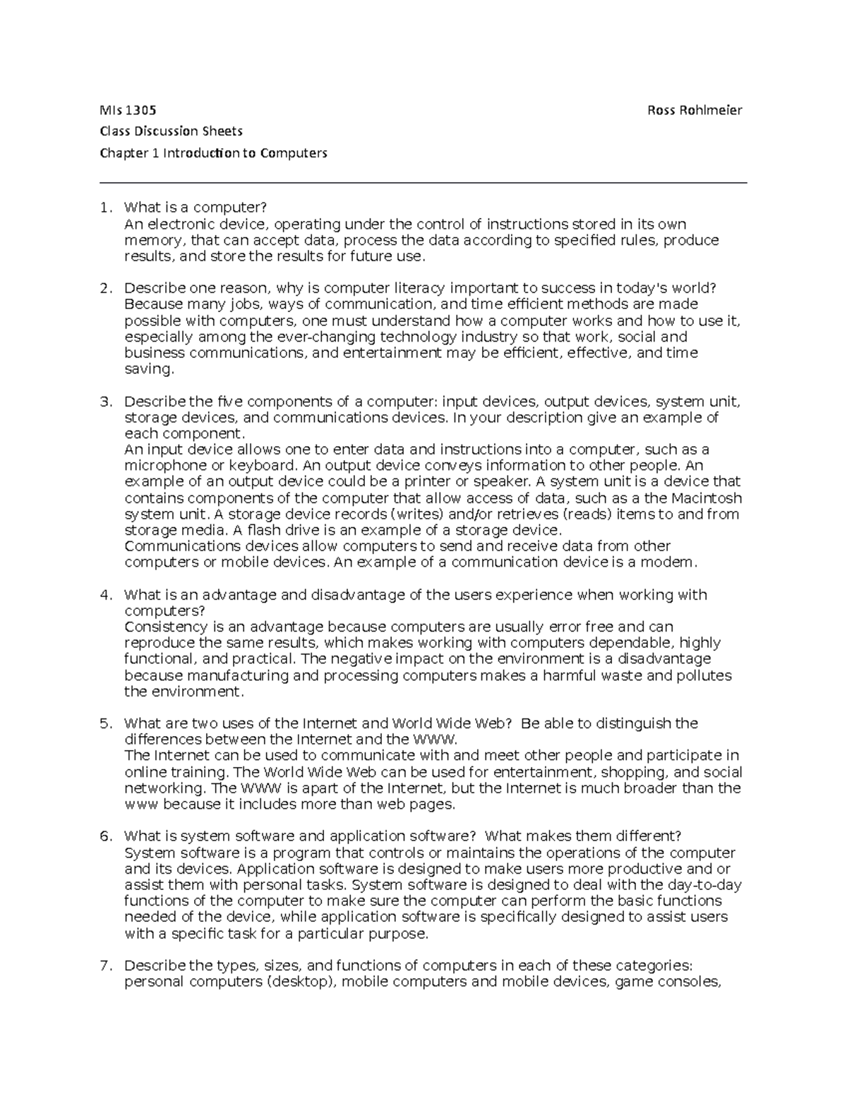 MIS ch1 hw sheet - Dr. Bennett's hw assignement. This is the first of 4 required. - MIs 1305 ...