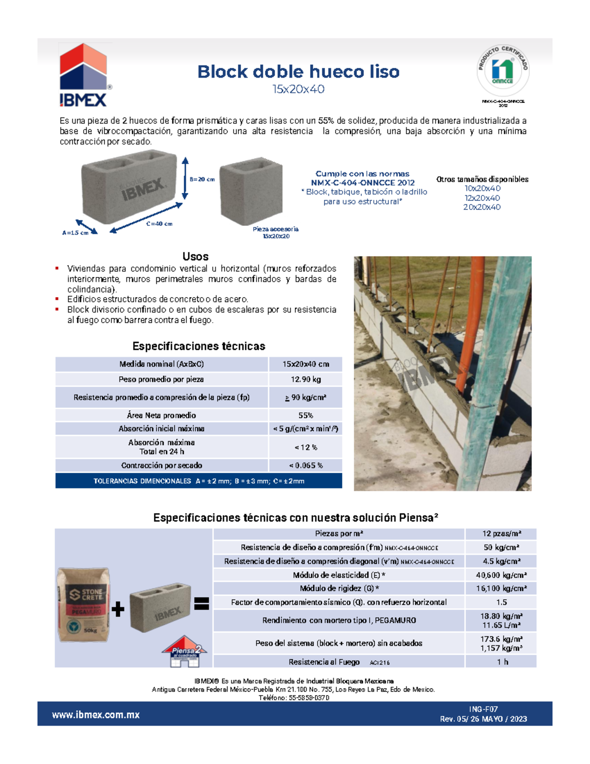 Block hueco liso de concreto 15x20x40 - Block doble hueco liso 15x20x ...