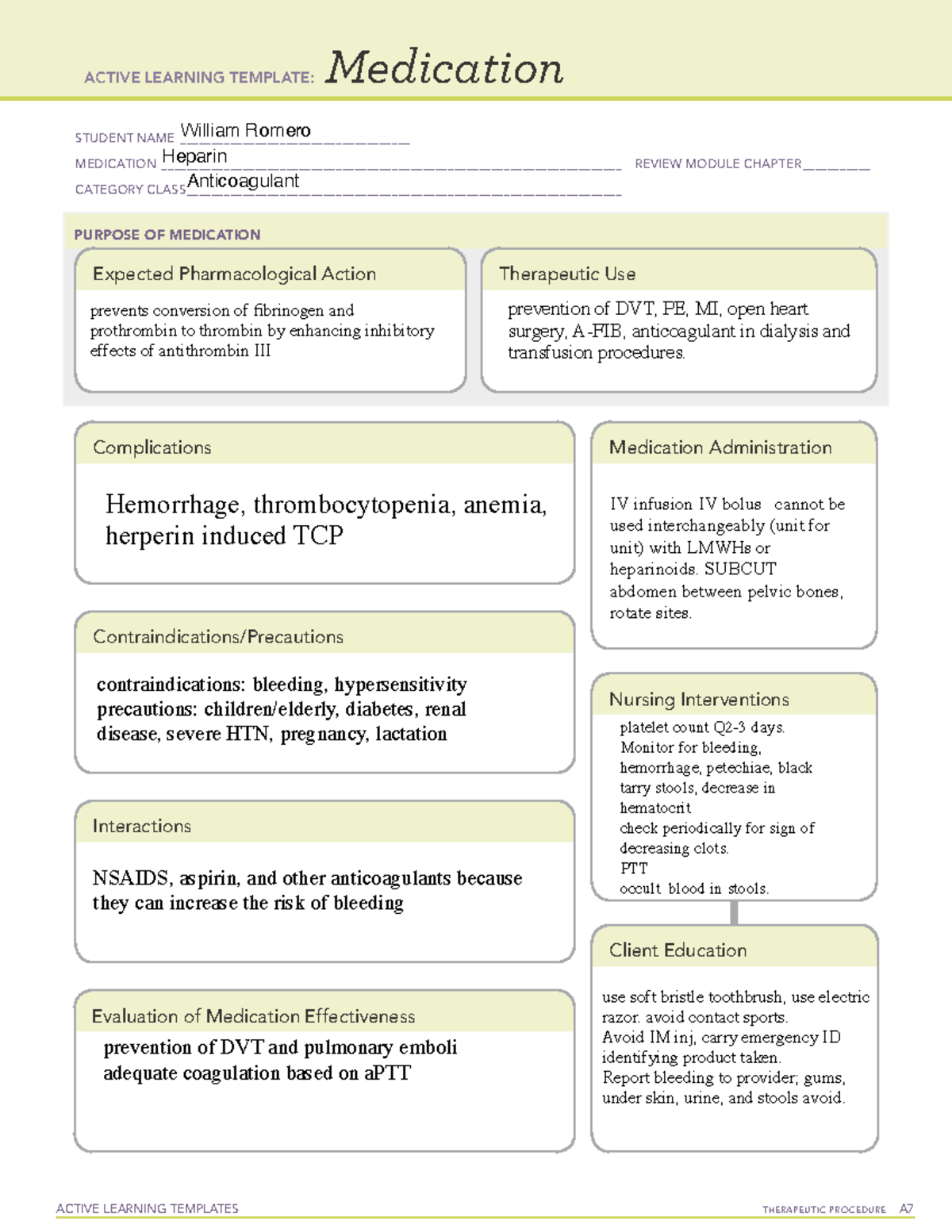 Heparin med sheet - ACTIVE LEARNING TEMPLATES TherapeuTic procedure A ...