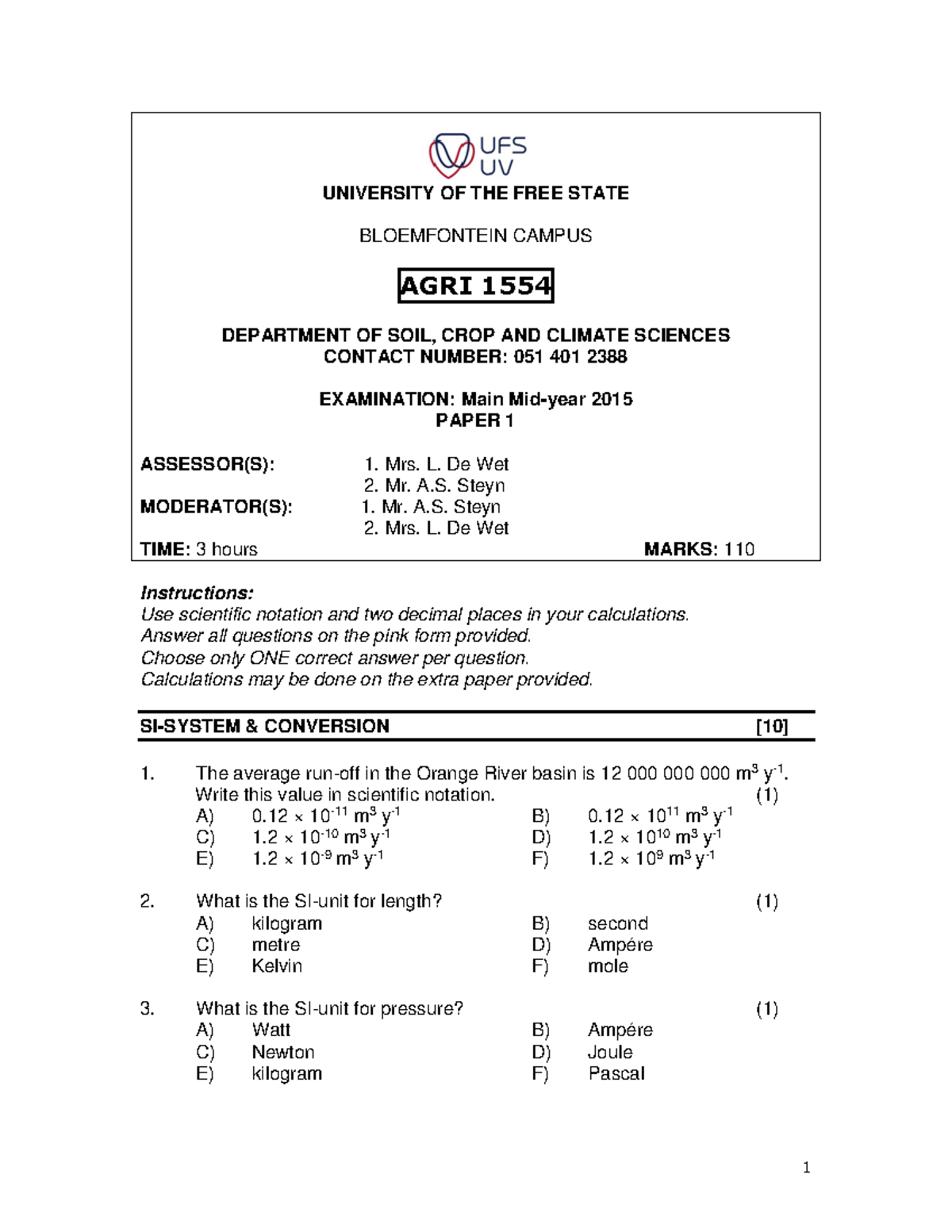 AGRI1554e Main Ex 2015 - Past paper - UNIVERSITY OF THE FREE STATE ...