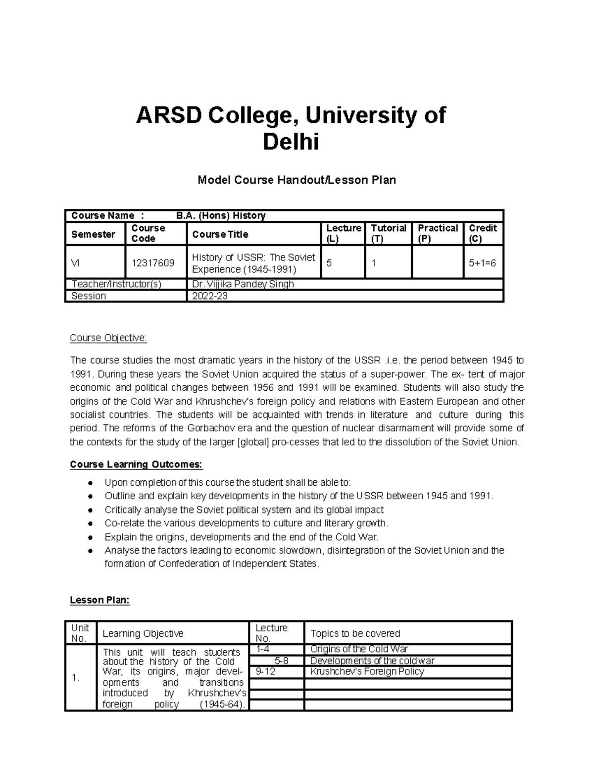 History of USSR The Soviet Experience Theory - ARSD College, University ...