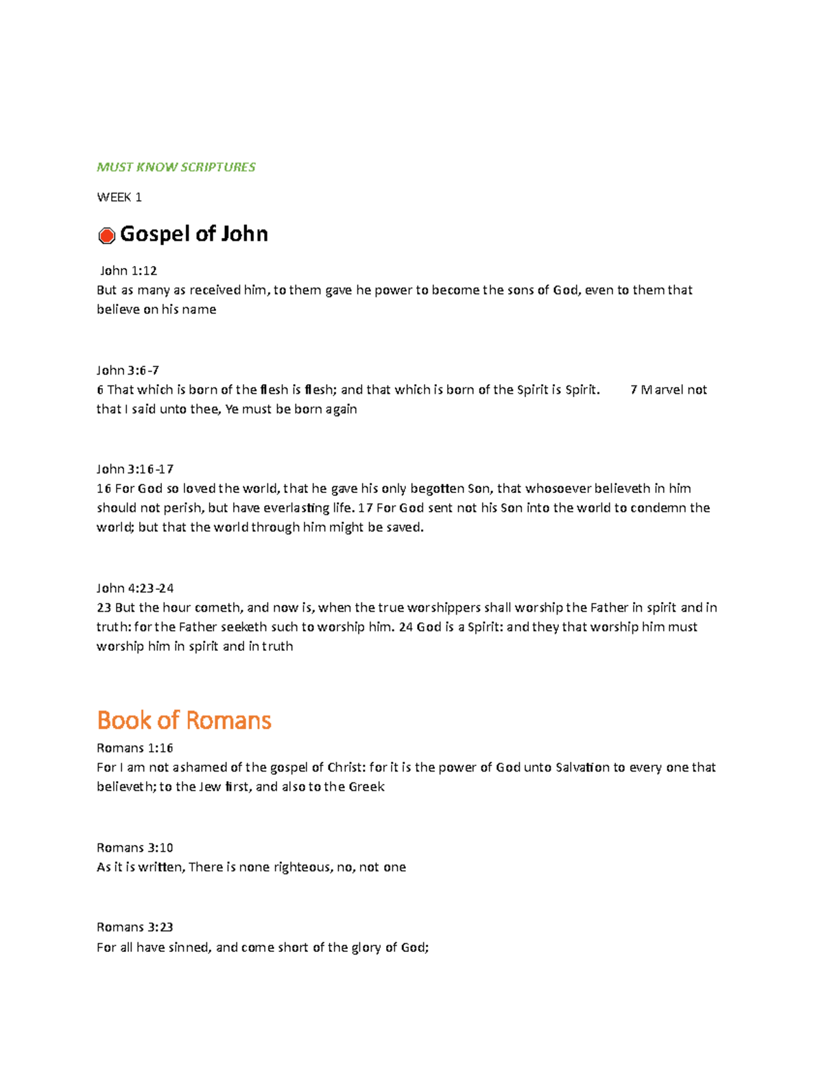 WK1 MUST KNOW - MUST KNOW SCRIPTURES WEEK 1 Gospel of John John 1: But ...
