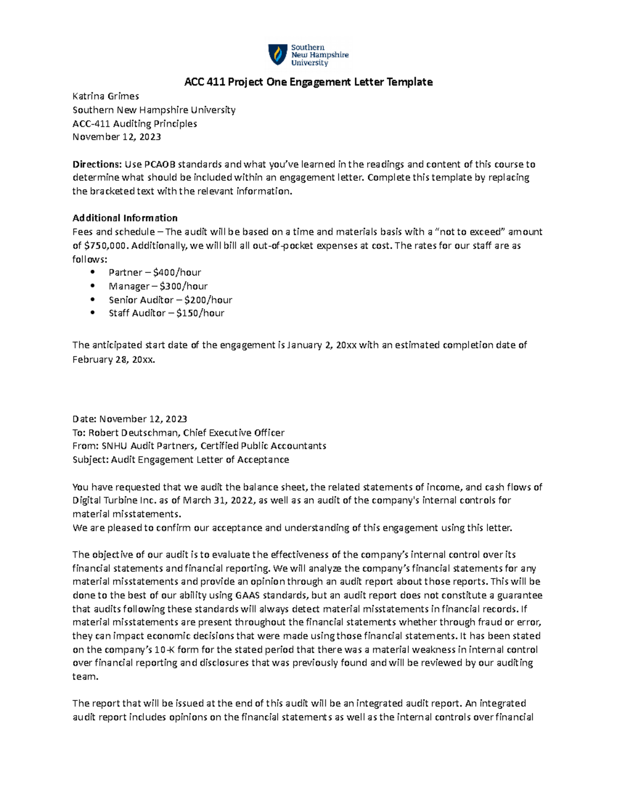 ACC 411 Project One Engagement Letter Template - ACC 411 Project One ...
