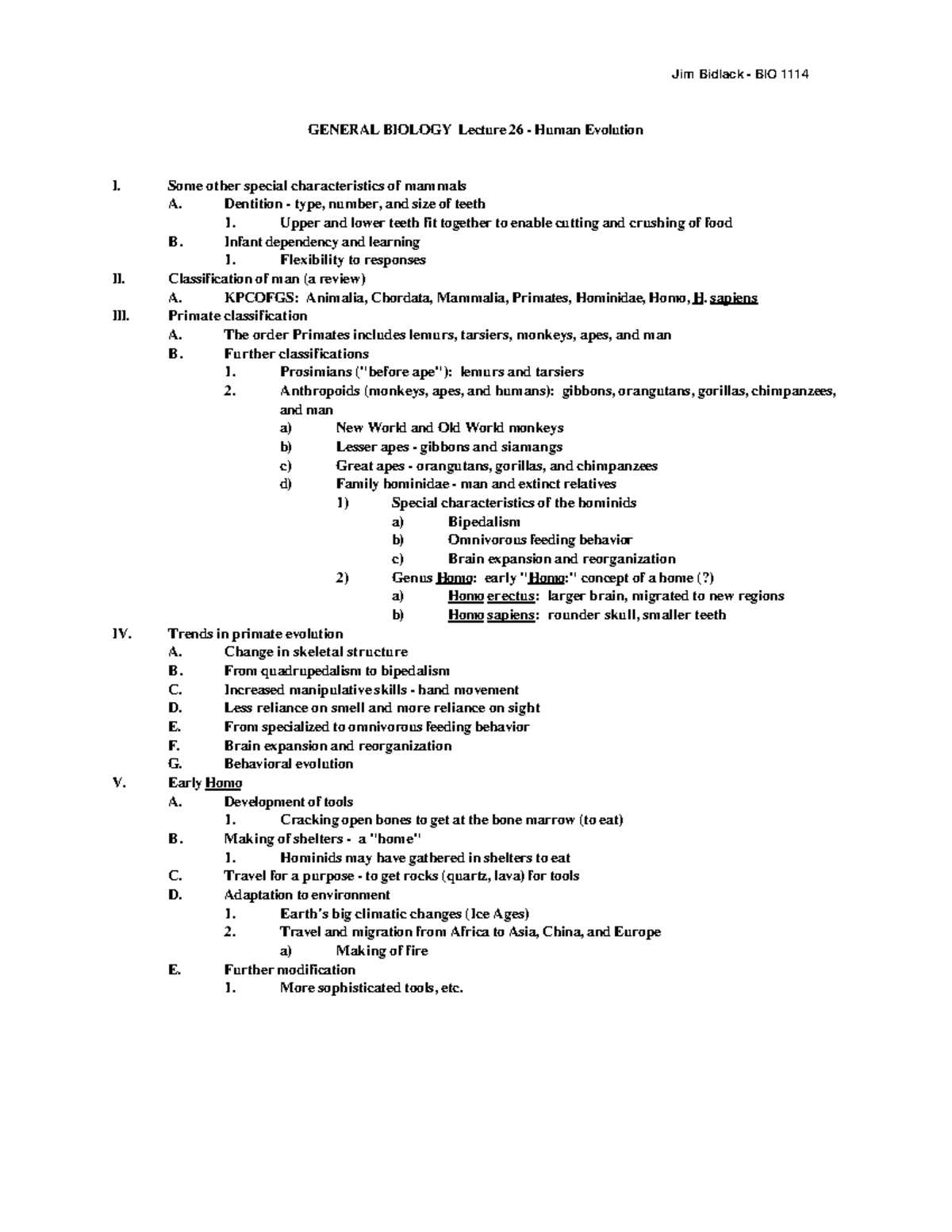 Bio human evolution notes - Jim Bidlack - BIO 1114 GENERAL BIOLOGY ...