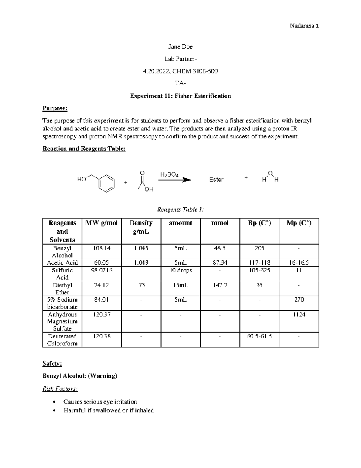 Exp 11 Final - exp lab report 11 - Jane Doe Lab Partner- 4.20, CHEM ...