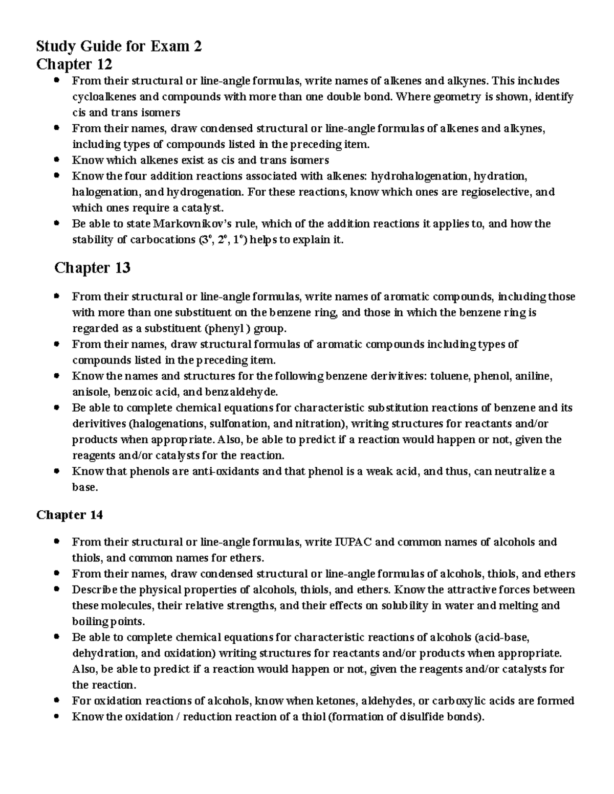 Study Guide for Exam 2 - This includes cycloalkenes and compounds with ...