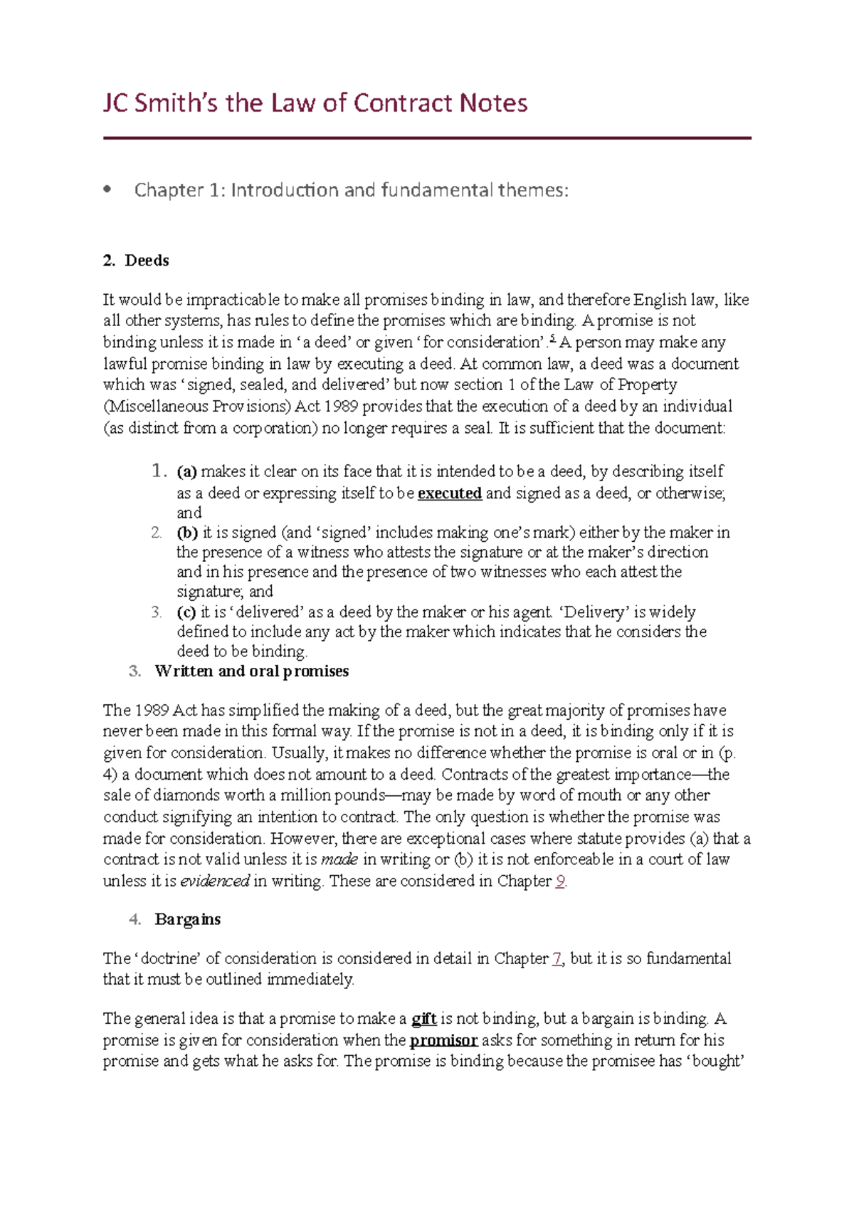 JC Smiths Law of Contract Notes - JC Smith’s the Law of Contract Notes ...