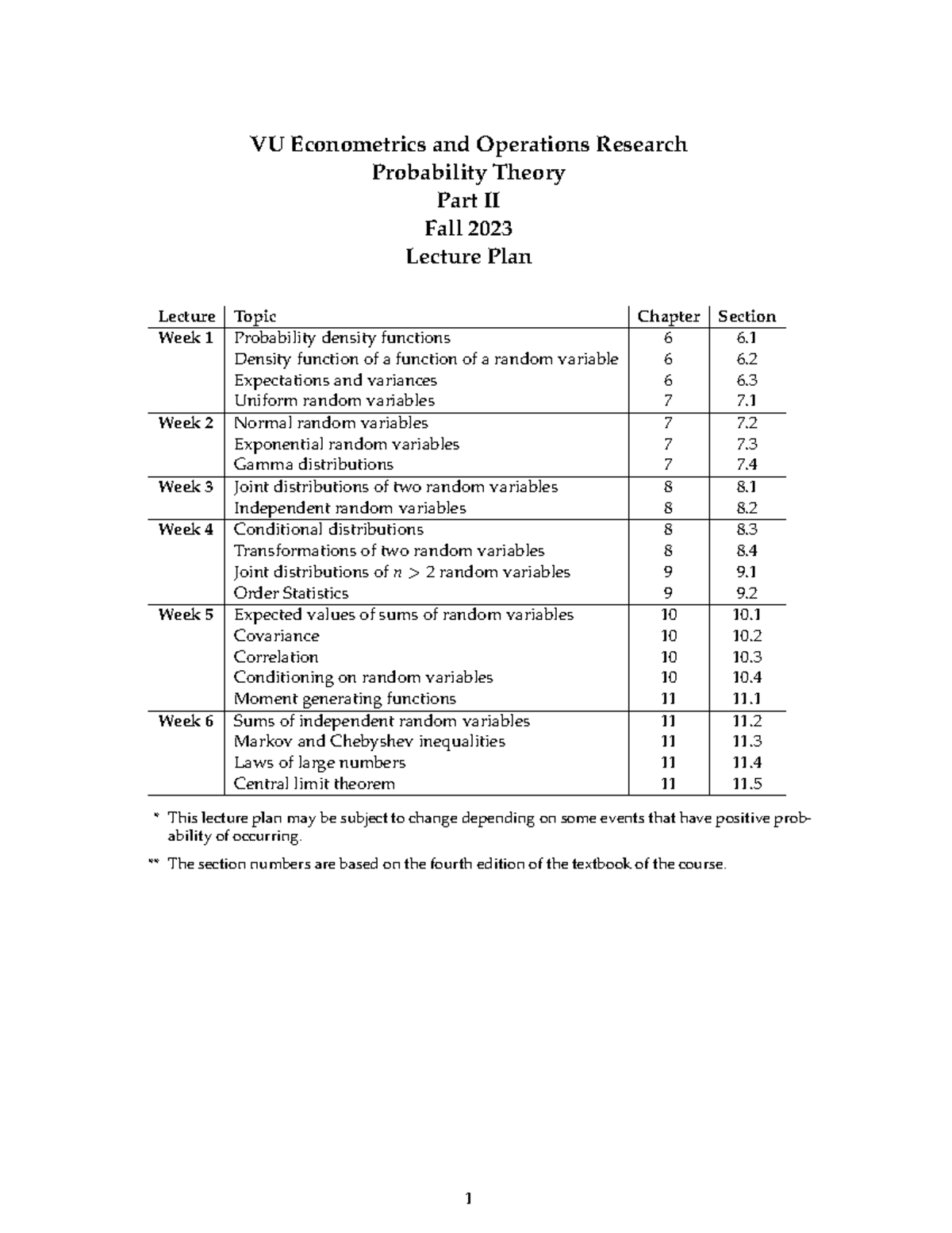 Probability Theory Part2 Lecture Plan - VU Econometrics and Operations Research Probability ...