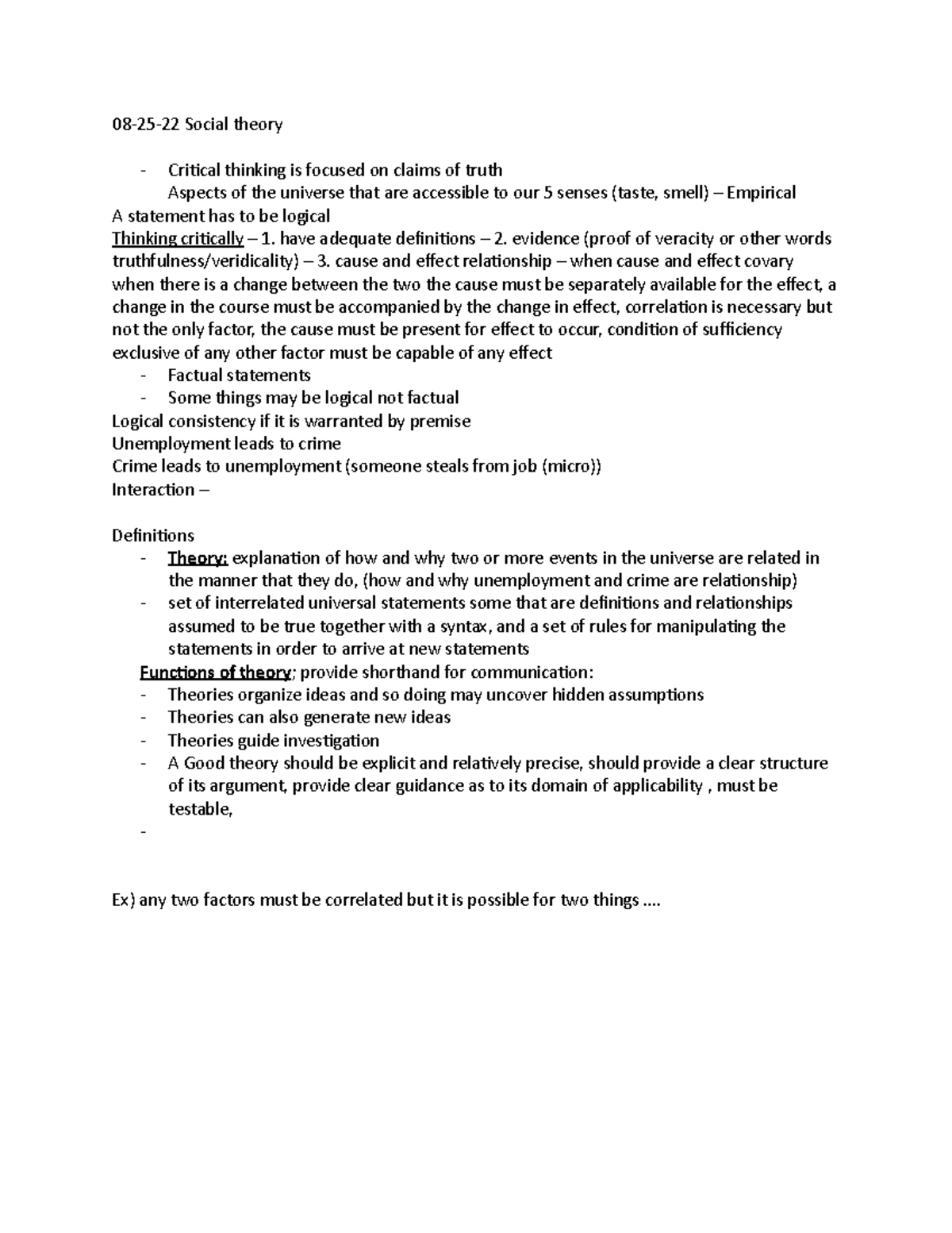 Social theory notes - 08-25-22 Social theory Critical thinking is ...