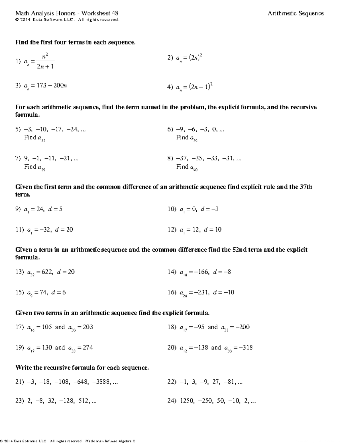 Worksheet ON Arithmetic Sequence - ©A U 250 h 1 R 4 l lK 2 u 0 tLax ...