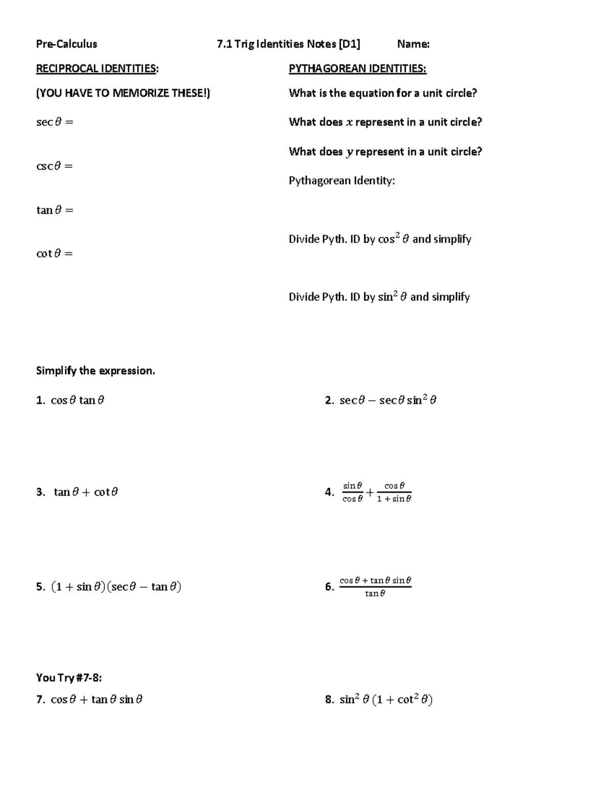 Trig+Identities+Worksheet - Pre-Calculus 7 Trig Identities Notes [D1 ...
