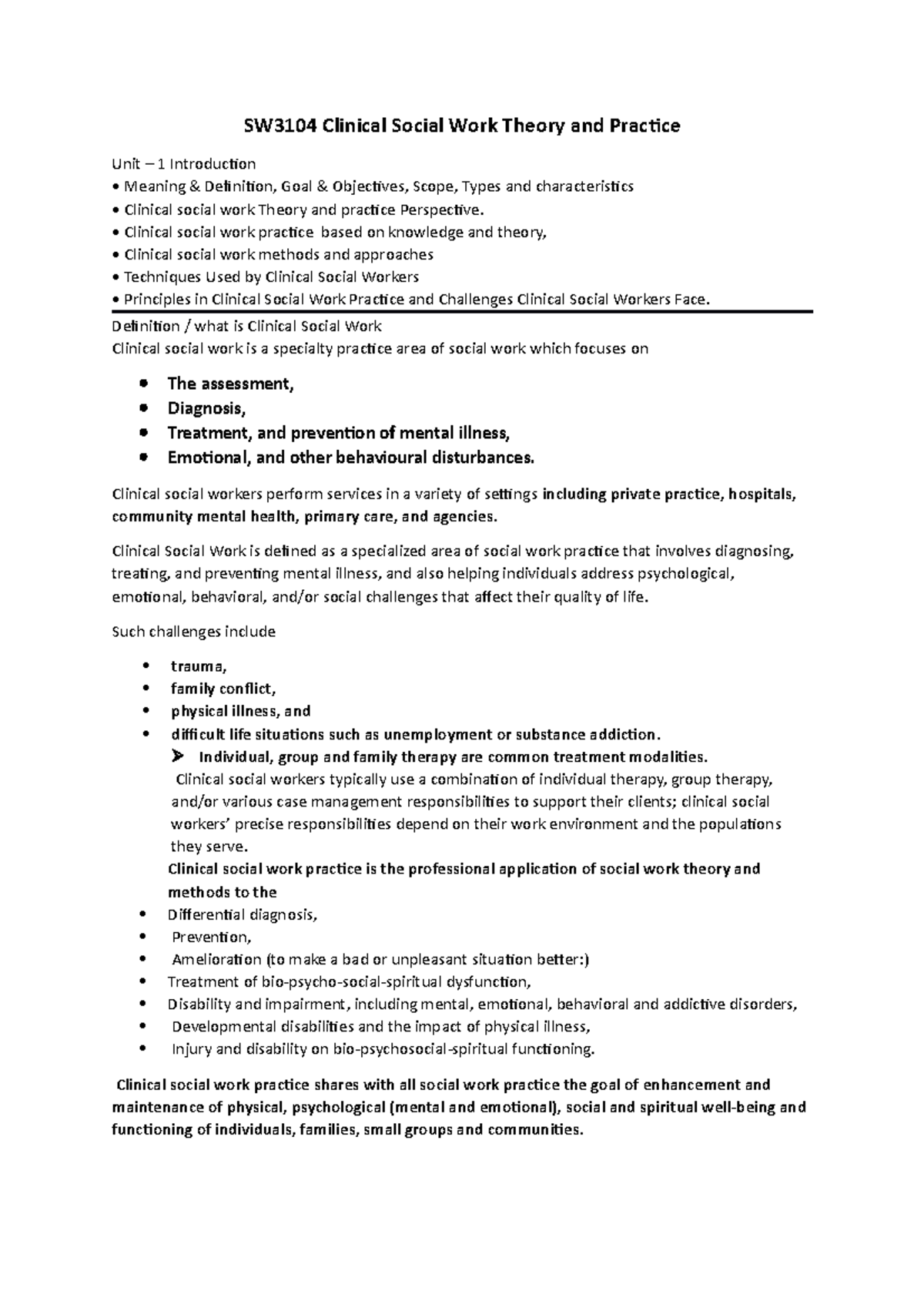 SW3104-unit 1 - Clinical Social Work Theory and Practice unit 1 ...