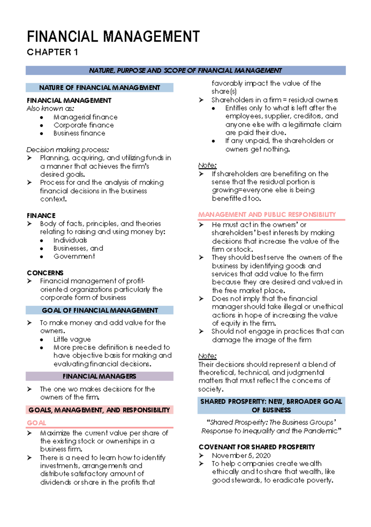 Fin Man Reviewe Chapter 1to3 - FINANCIAL MANAGEMENT CHAPTER 1 NATURE ...