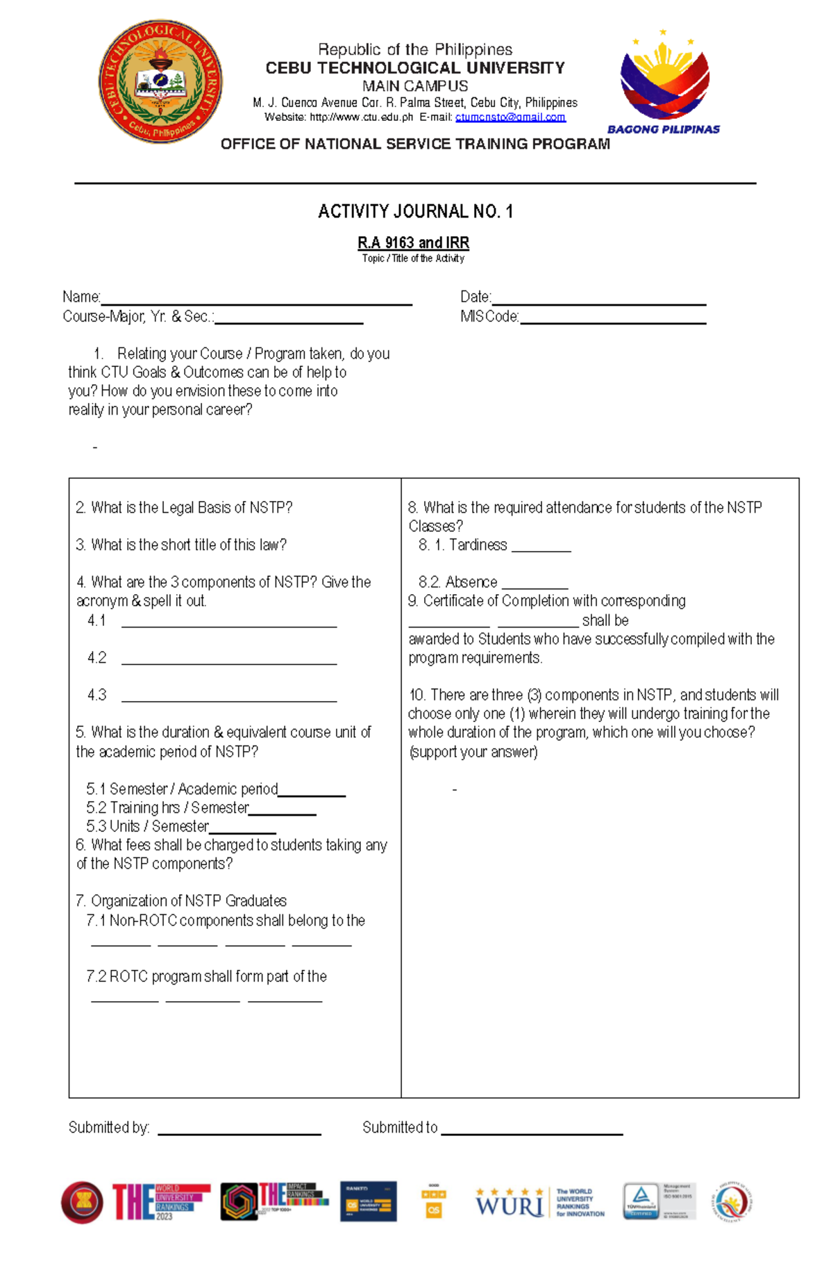 Activity- Journal-1 - nstp - Republic of the Philippines CEBU ...