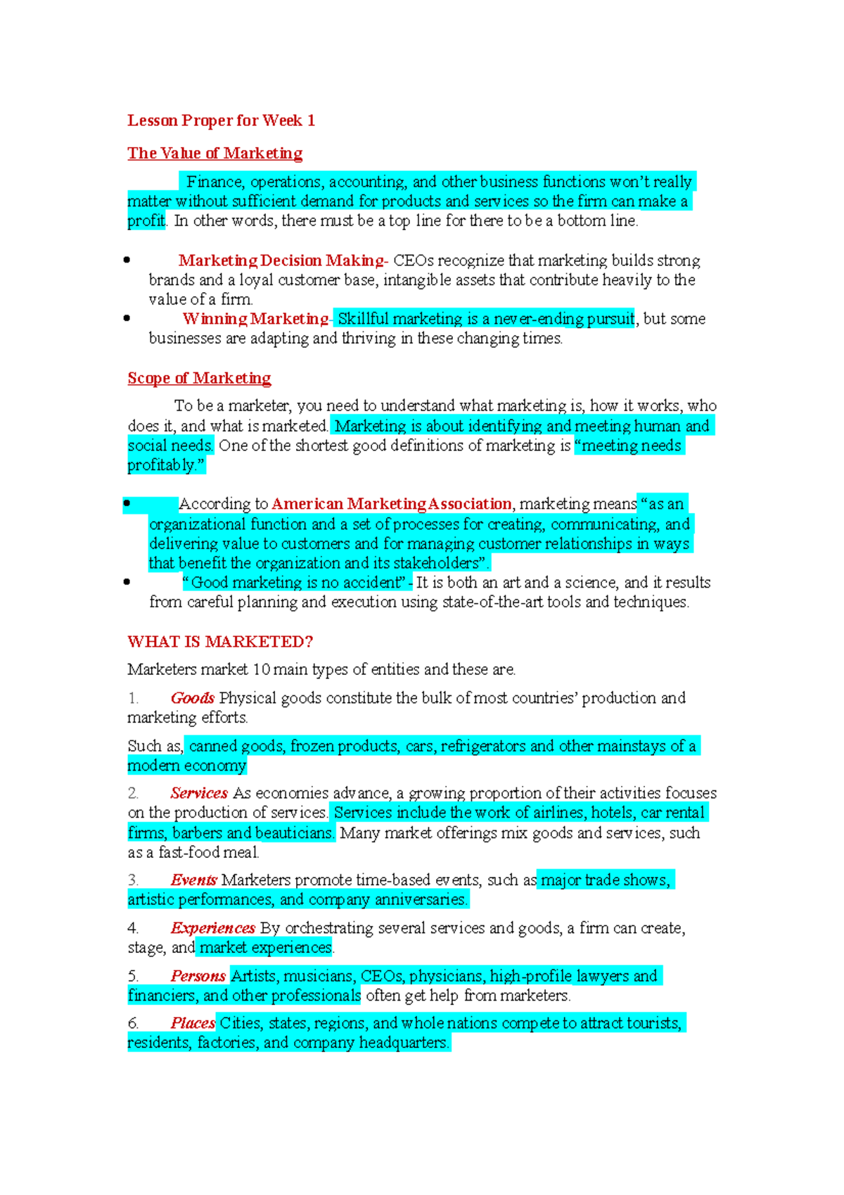 W1 Marketing - ..... - Lesson Proper for Week 1 The Value of Marketing ...