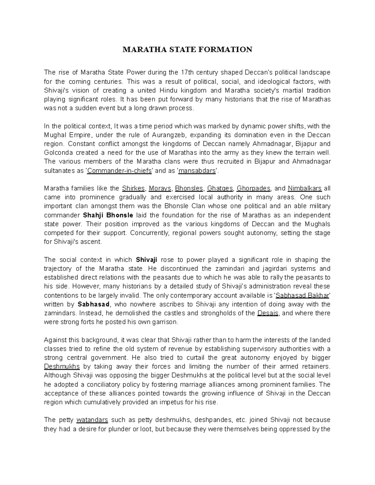 Maratha State Formation - MARATHA STATE FORMATION The rise of Maratha ...