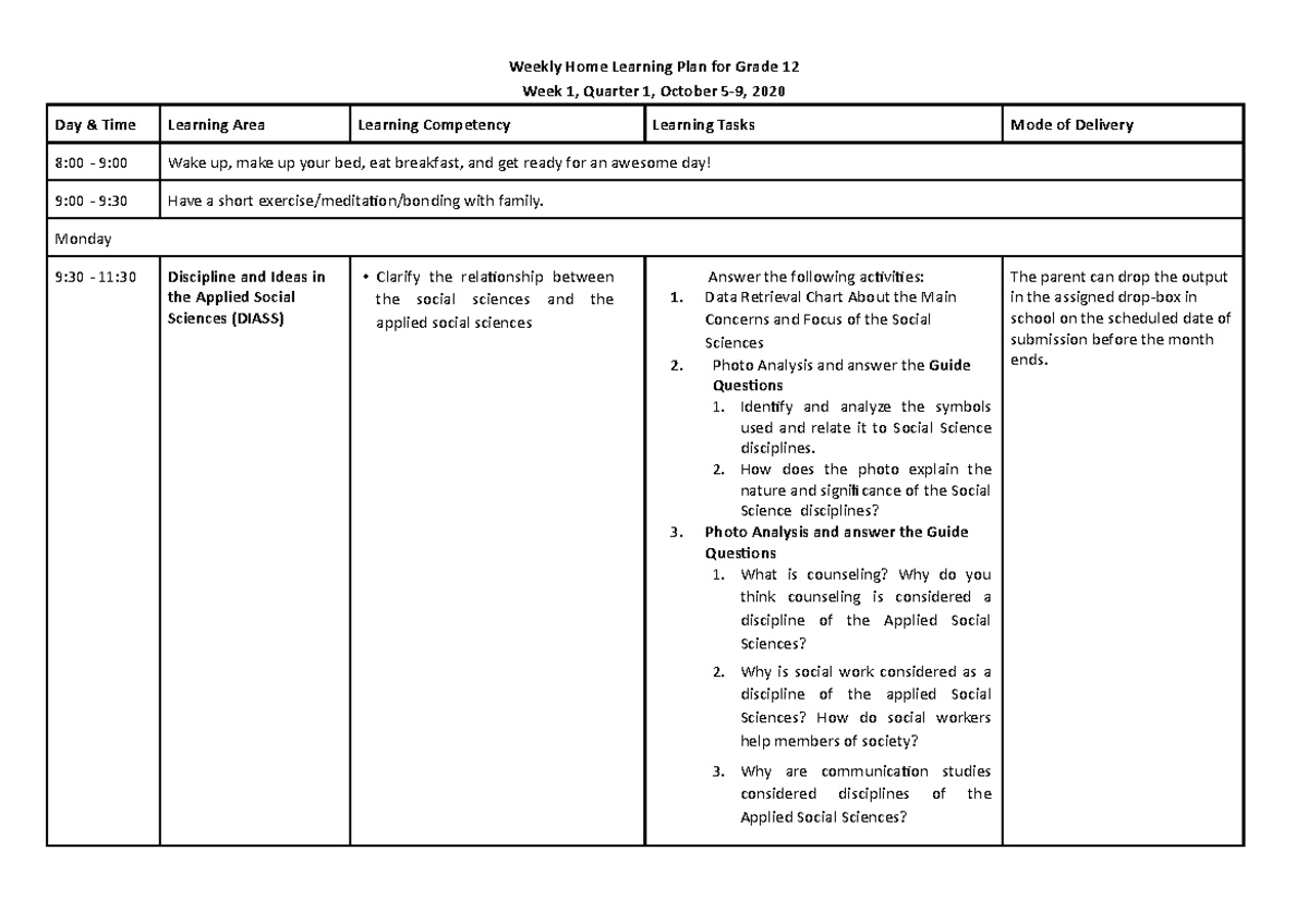Diass WHLP Week 1 to WEEK 8 - Weekly Home Learning Plan for Grade 12 ...