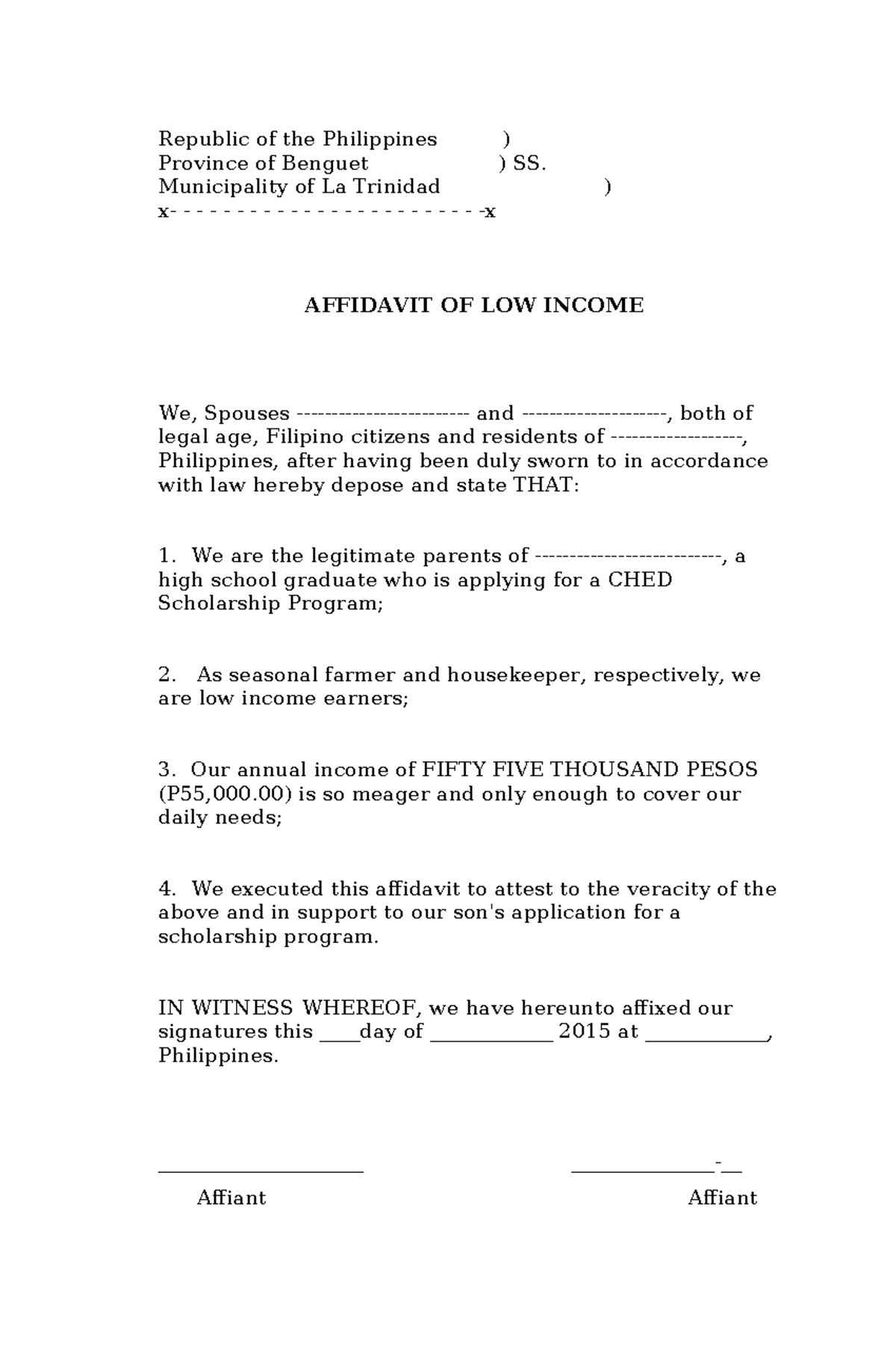 Affidavit of low income - Republic of the Philippines ) Province of ...