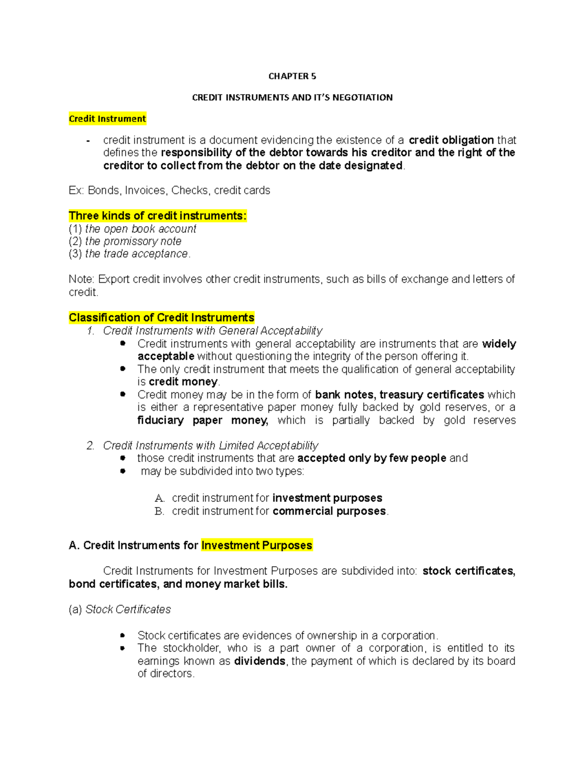 Chapter 5 Finmar handouts - CHAPTER 5 CREDIT INSTRUMENTS AND IT’S ...