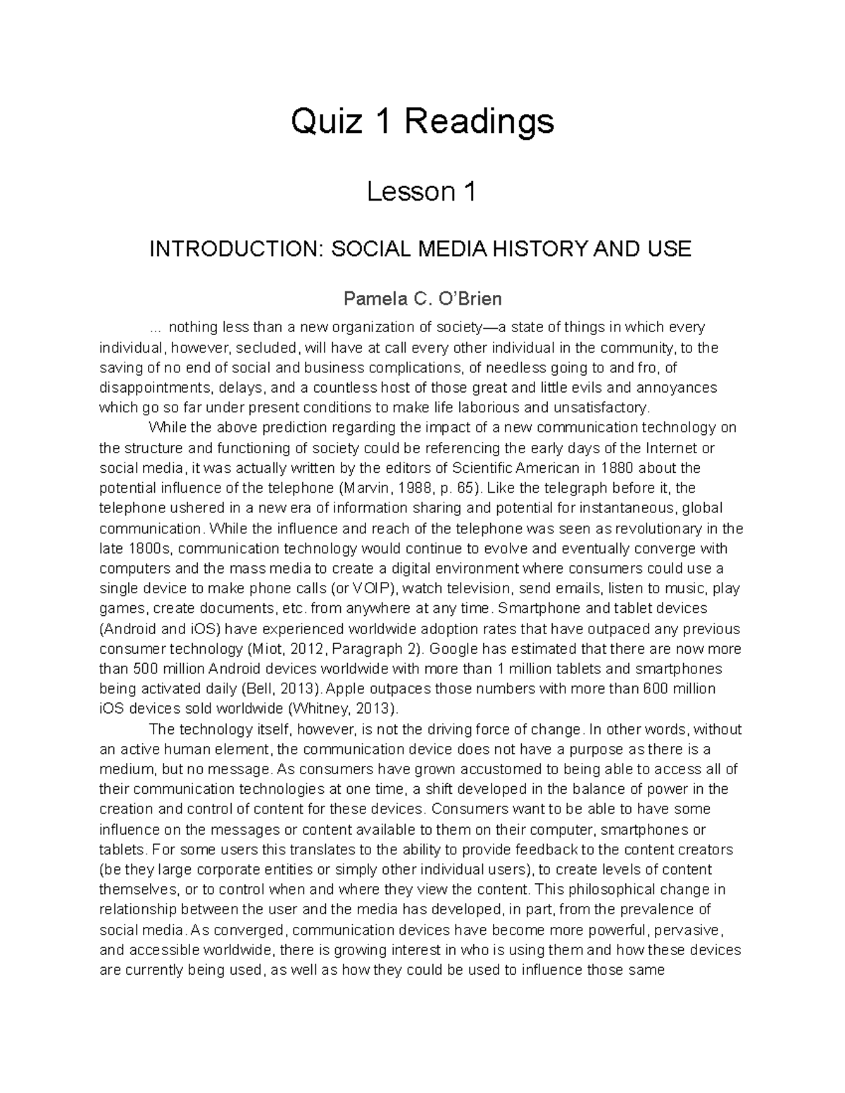 EDUC 307 Quiz 1 Readings - Quiz 1 Readings Lesson 1 INTRODUCTION ...