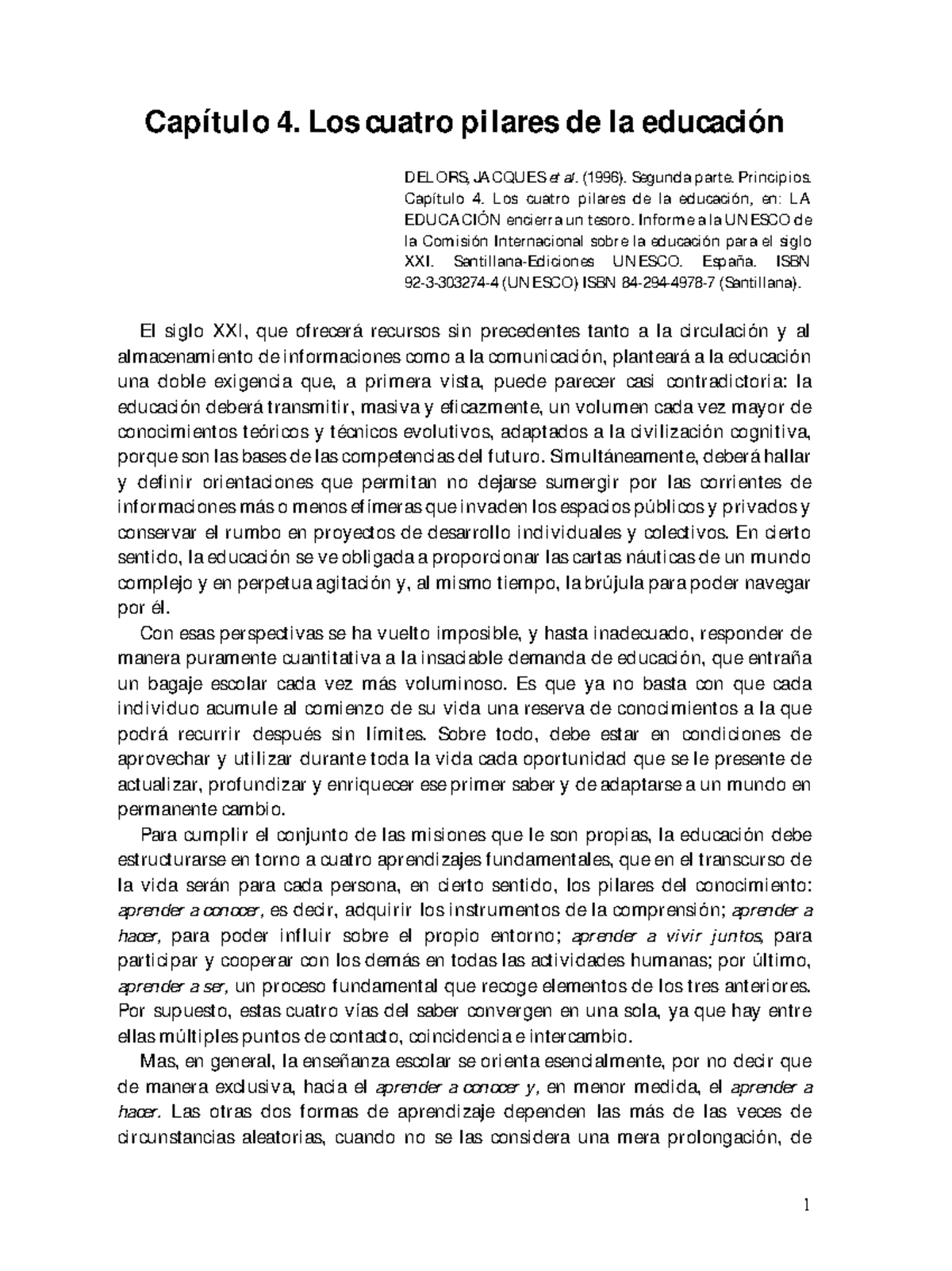 Delors. Cap. 4. Los 4 pilares de la educacion - Capítulo 4. Los cuatro ...
