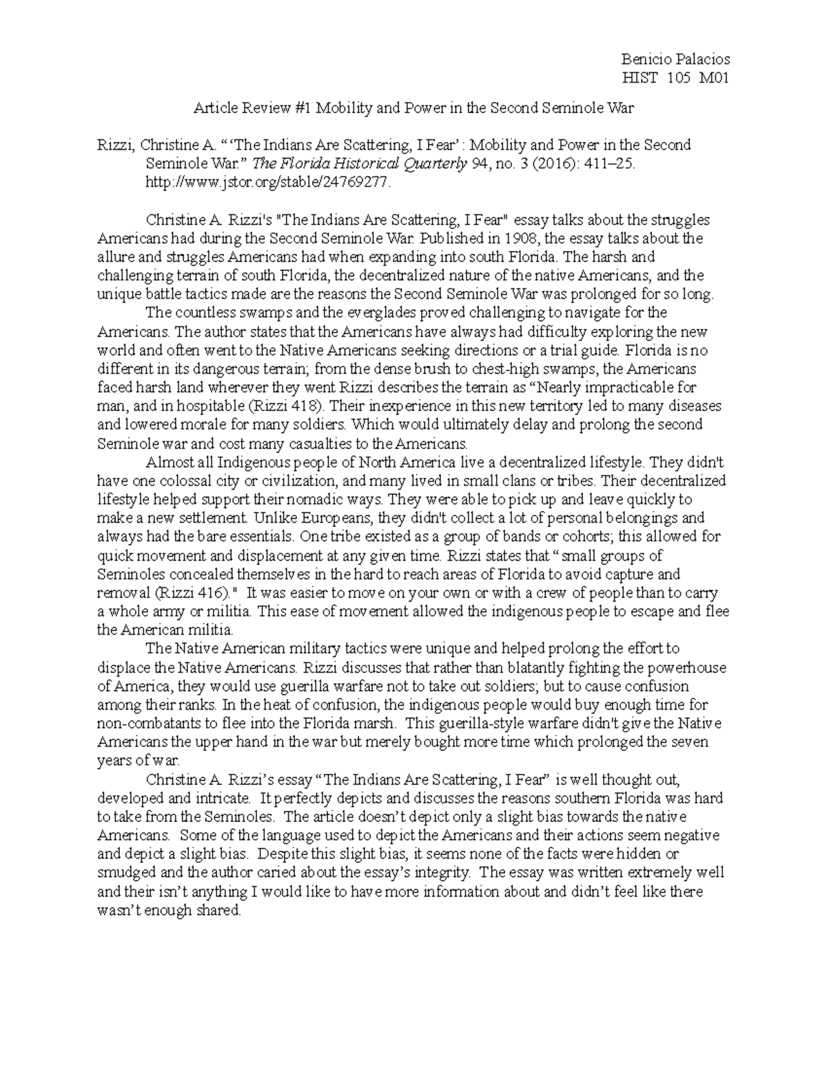 Essay #1 - Benicio Palacios HIST 105 M Article Review #1 Mobility and ...