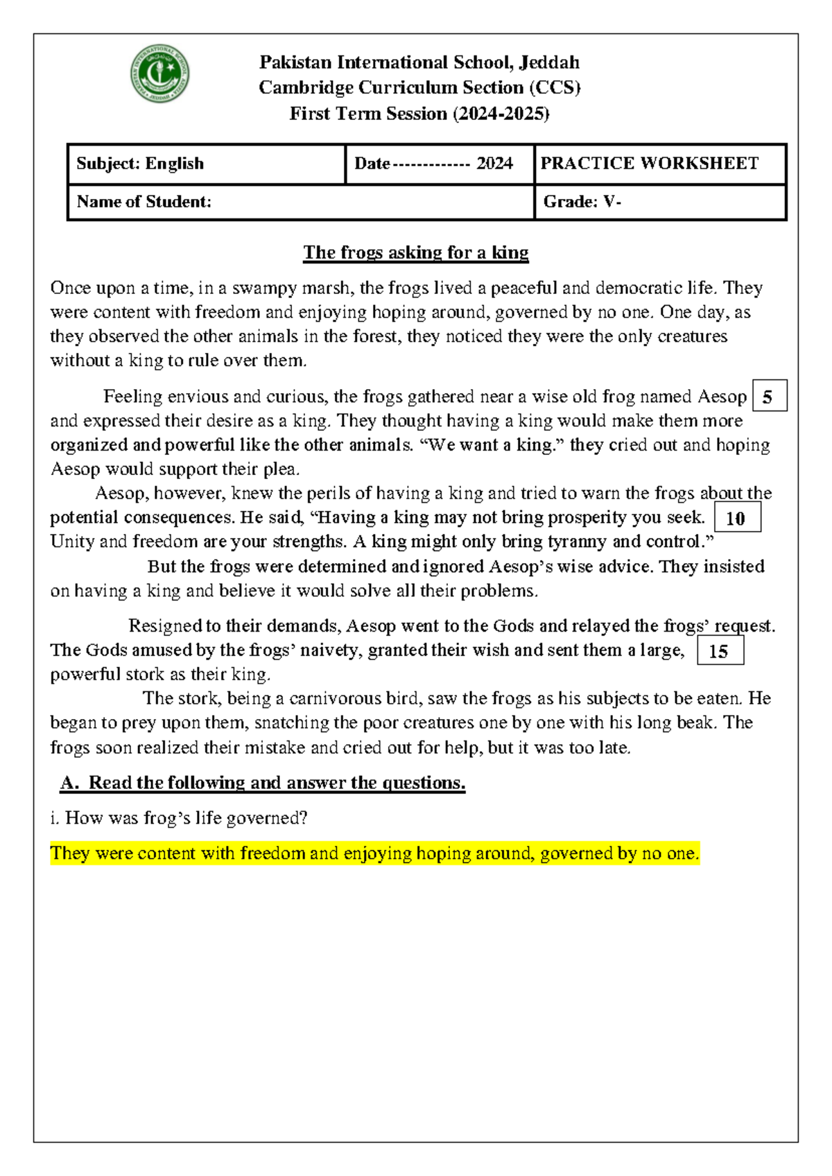 Answer key of Comprehension worksheet 1 - Pakistan International School ...
