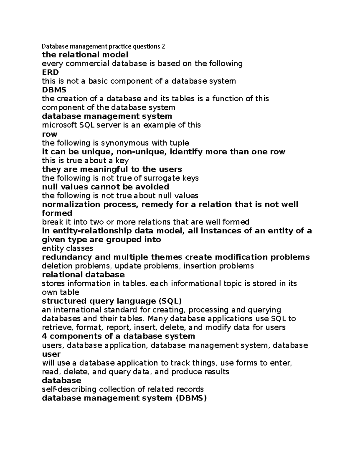 Database management practice questions 2 - each informational topic is ...