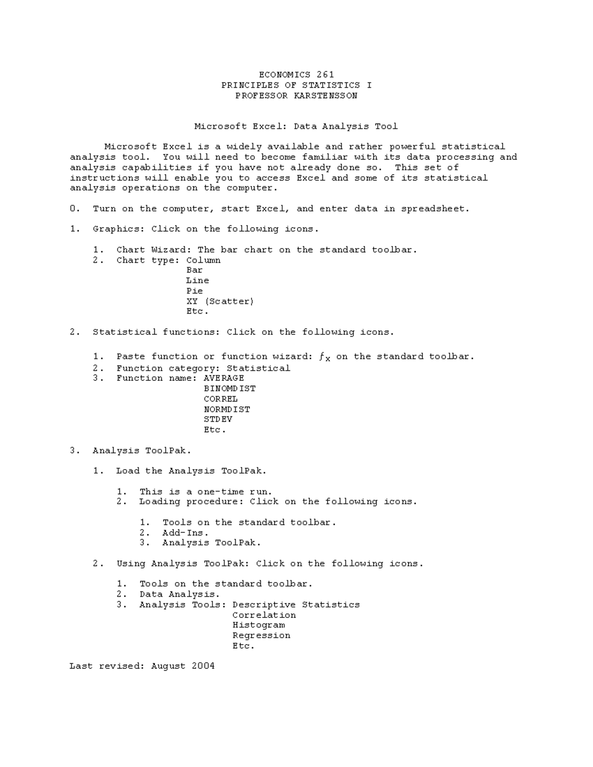Lecture Notes Lecture 1 Microsoft Excel Data Analysis Tool Economics Economics 261