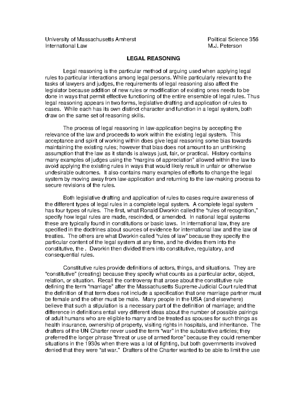 Legal Reasoning - NOTES - International Law M. Peterson LEGAL REASONING ...