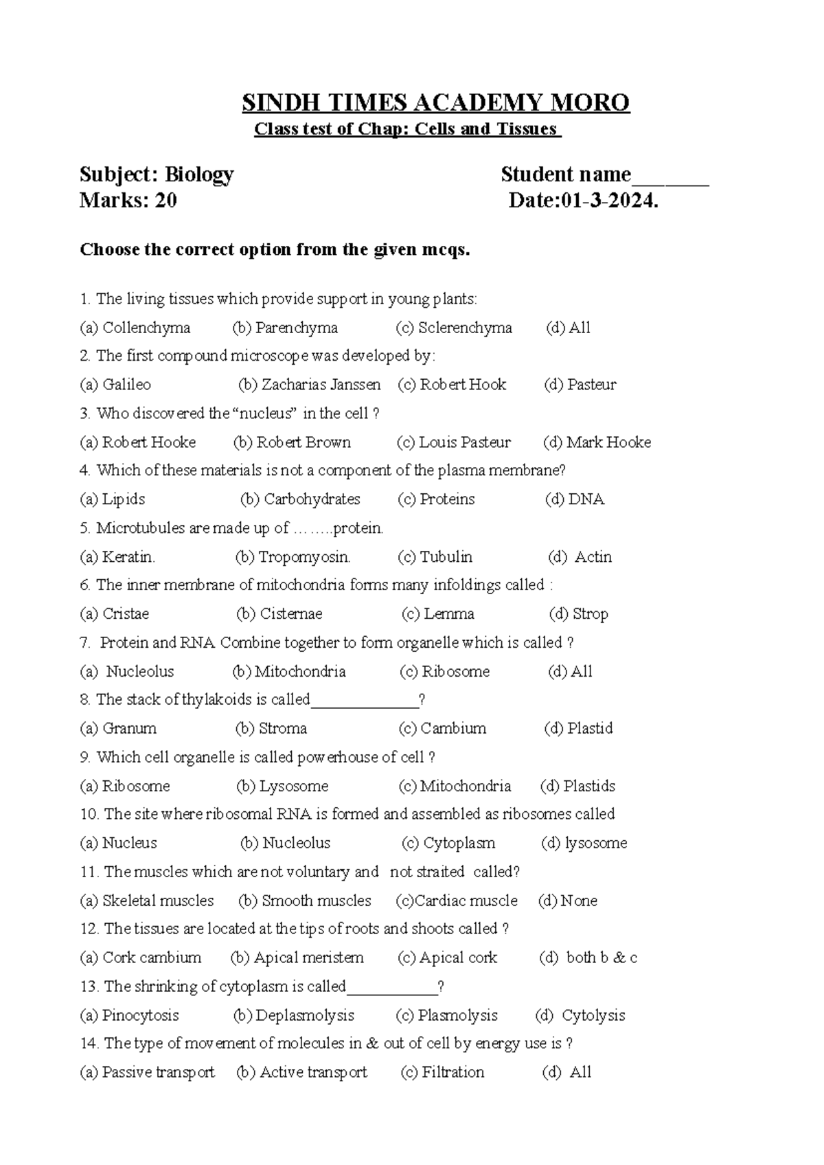 Biology Chap biomolecule test by me - SINDH TIMES ACADEMY MORO Class ...