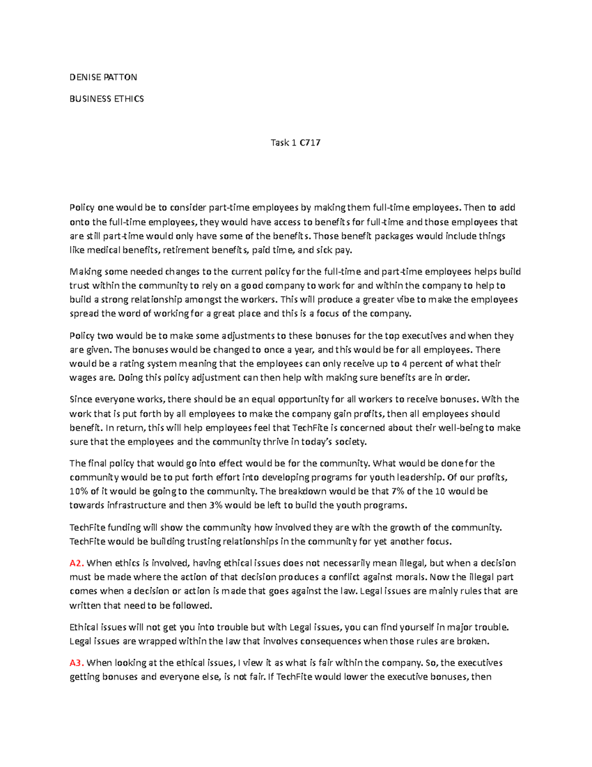 Task 1 C717 - passed on first try - DENISE PATTON BUSINESS ETHICS Task ...