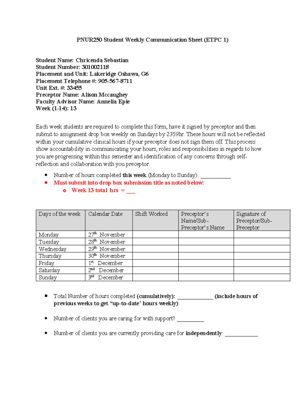 PNUR 250 Student Weekly Communication Sheet - #: 33455 Preceptor Name ...