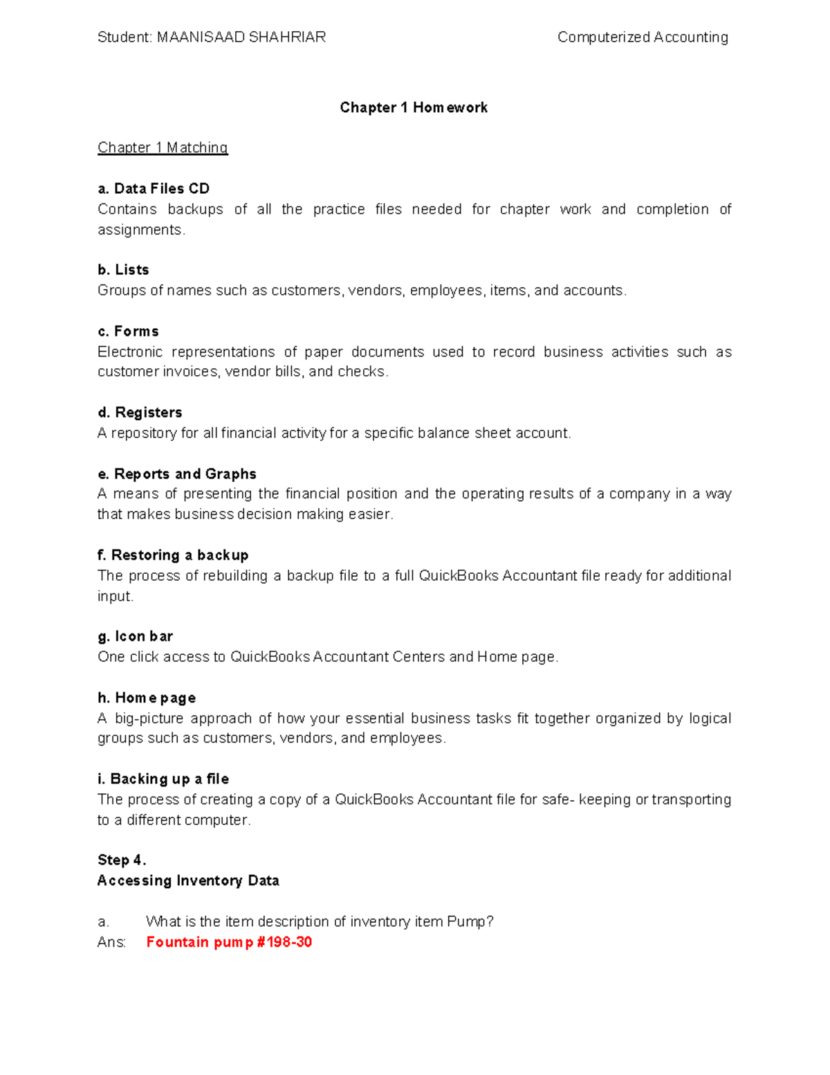 Chapter 1 Homework - Chapter 1 Homework Chapter 1 Matching a. Data ...