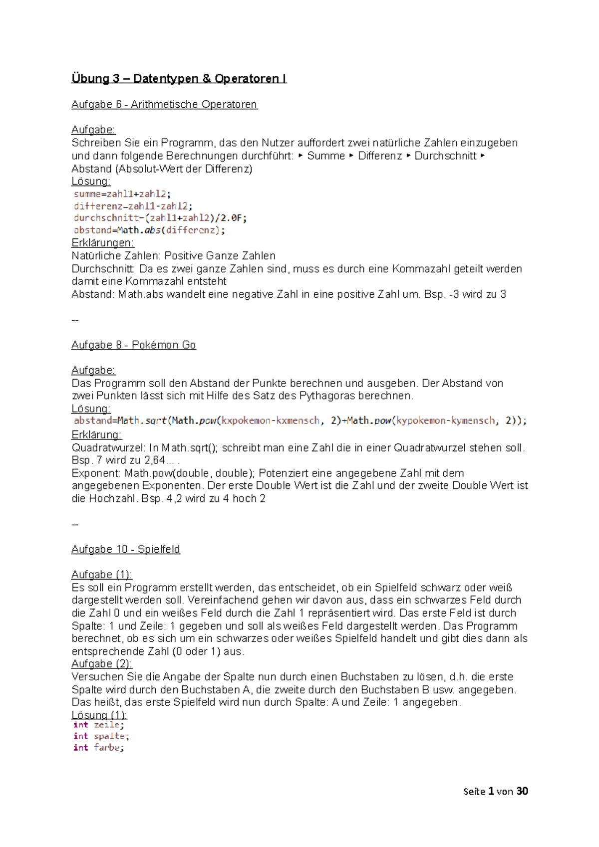 Programmieren 1 Aufgaben - Übung 3 – Datentypen & Operatoren I Aufgabe ...