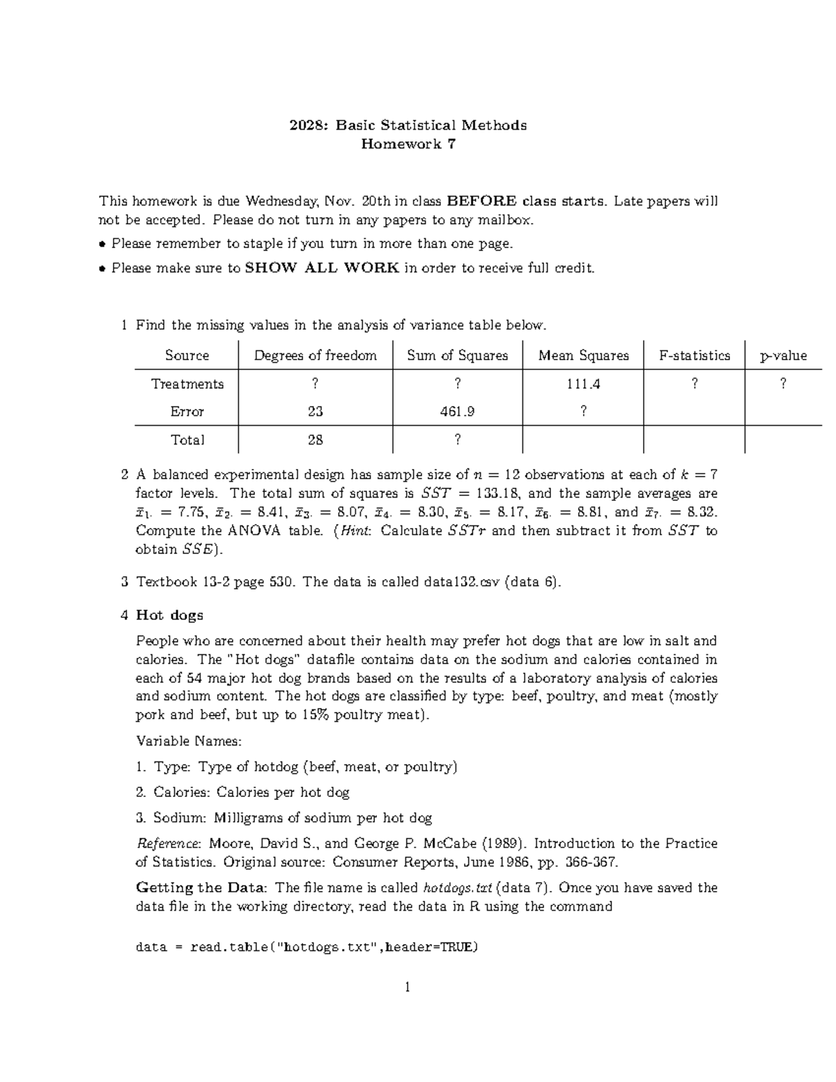 Homework 7 - 2028: Basic Statistical Methods Homework 7 This homework is due Wednesday, Nov ...