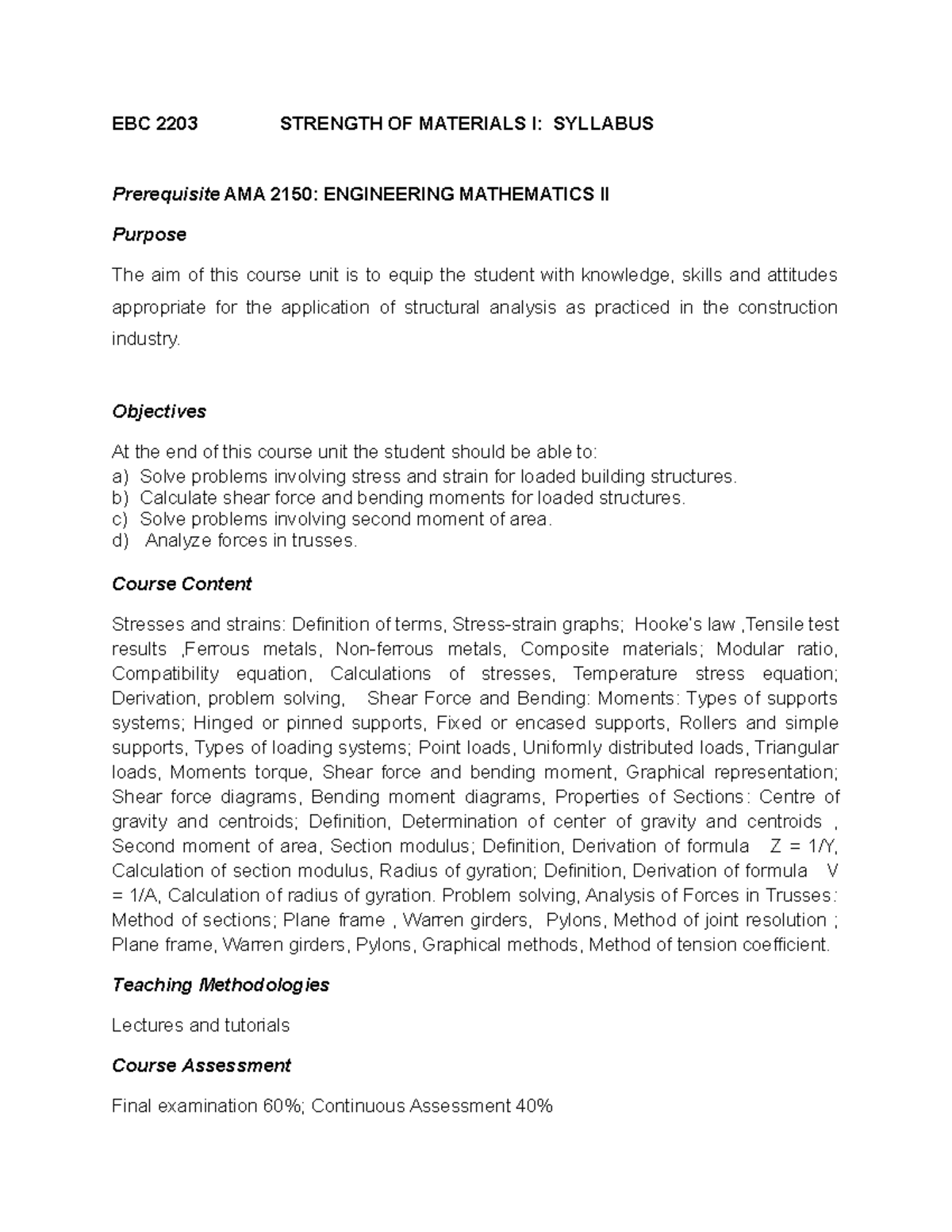 EBC 2203 Strength OF Materials I - EBC 2203 STRENGTH OF MATERIALS I ...