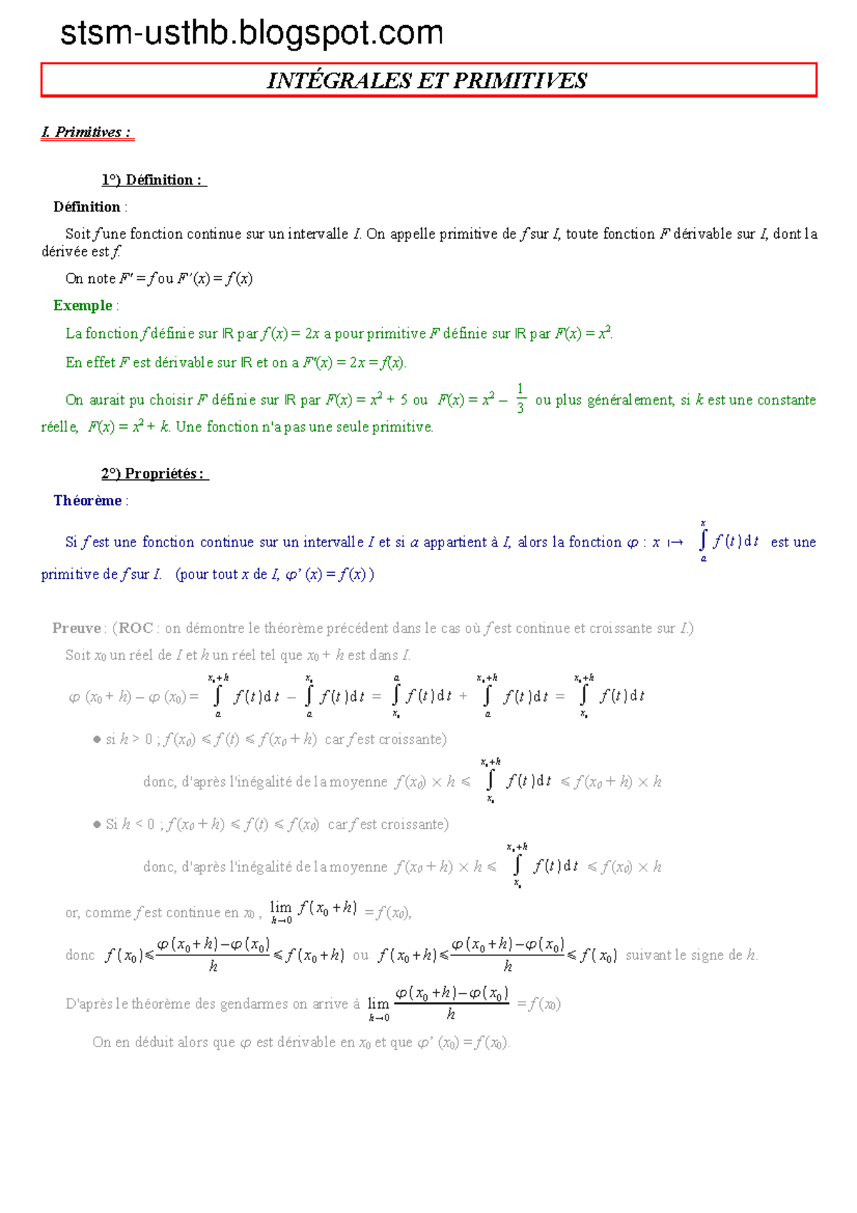 Les integrales cours math - INTÉGRALES ET PRIMITIVES I. Primitives : 1°) Définition : Définition ...