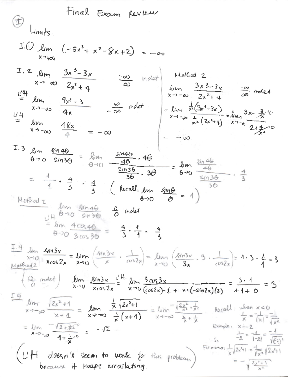 Final Exam Review Solution - Final Exam Review I Limits I. I lim (-5x3 ...