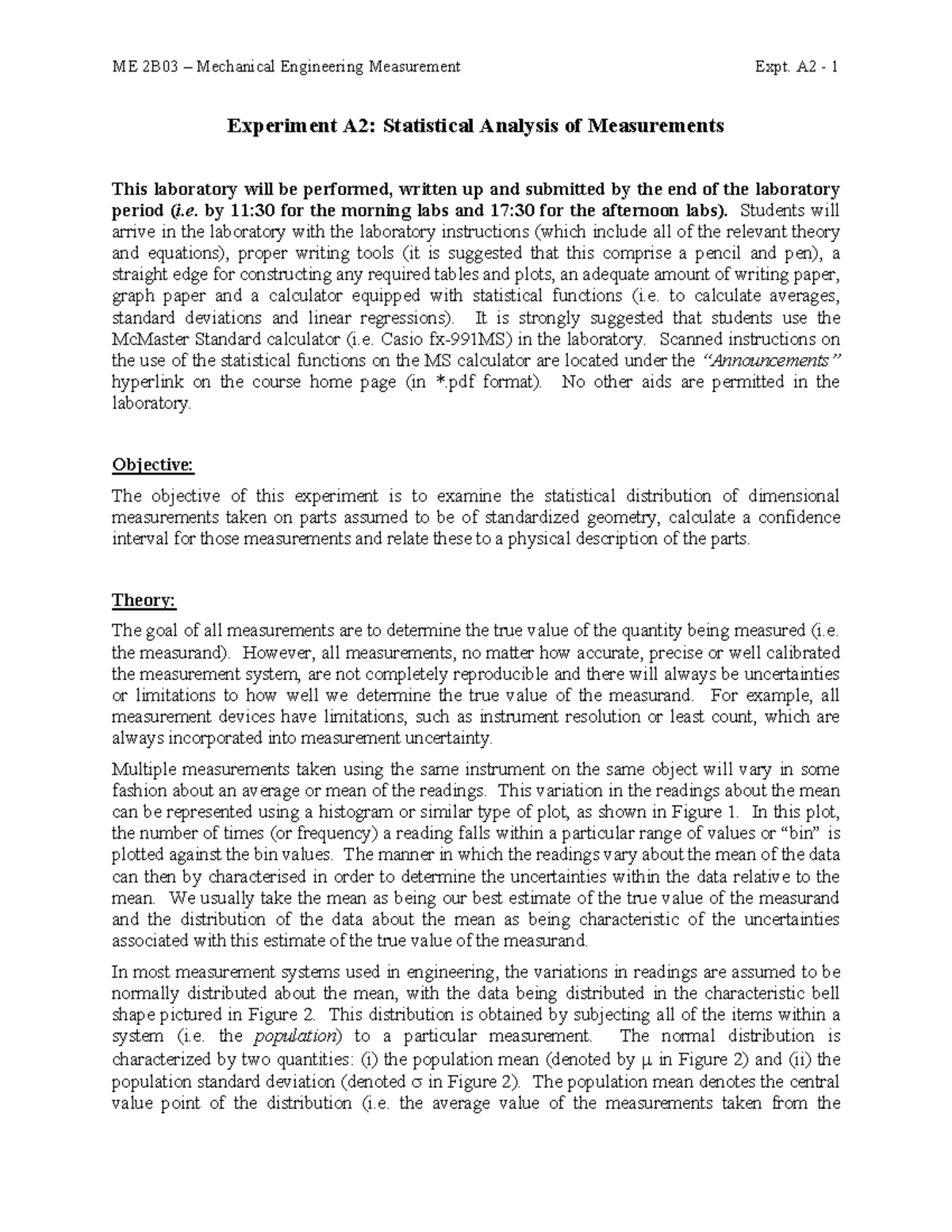 A2 Statistical Analysis of Measurements Lab Manual - Experiment A2 ...