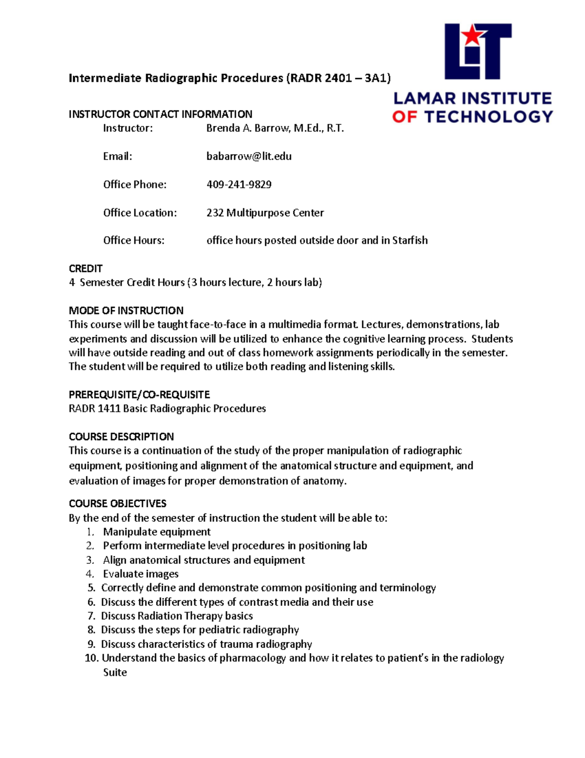 Radr2401 3a1 spring 2024 - Intermediate Radiographic Procedures (RADR ...