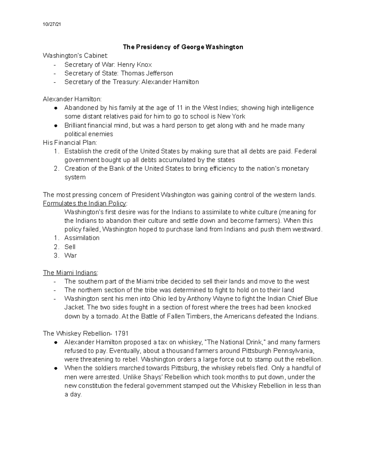 The Presidency of George Washington - 10/27/ The Presidency of George ...