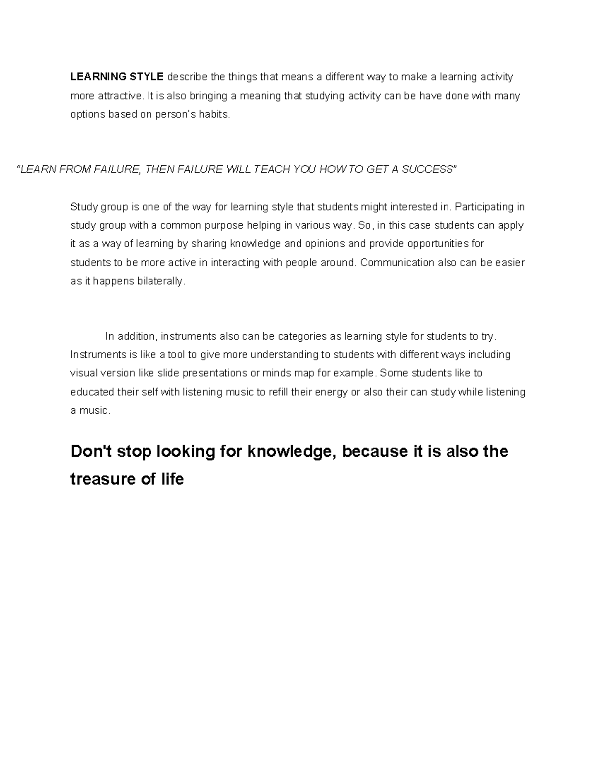 Learning Style - notesss - LEARNING STYLE describe the things that ...