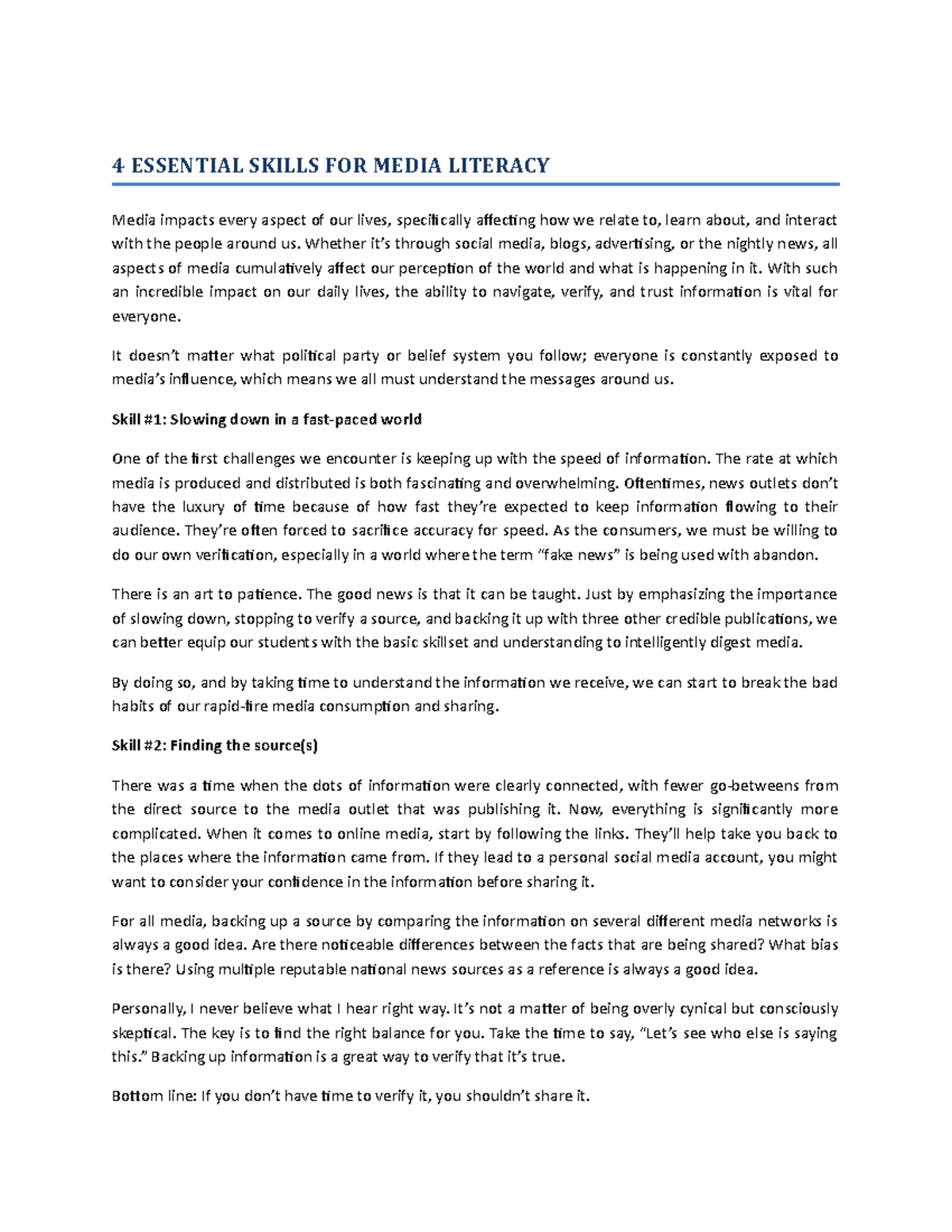 MEDIA LITERACY HANDOUTS - 4 ESSENTIAL SKILLS FOR MEDIA LITERACY Media ...