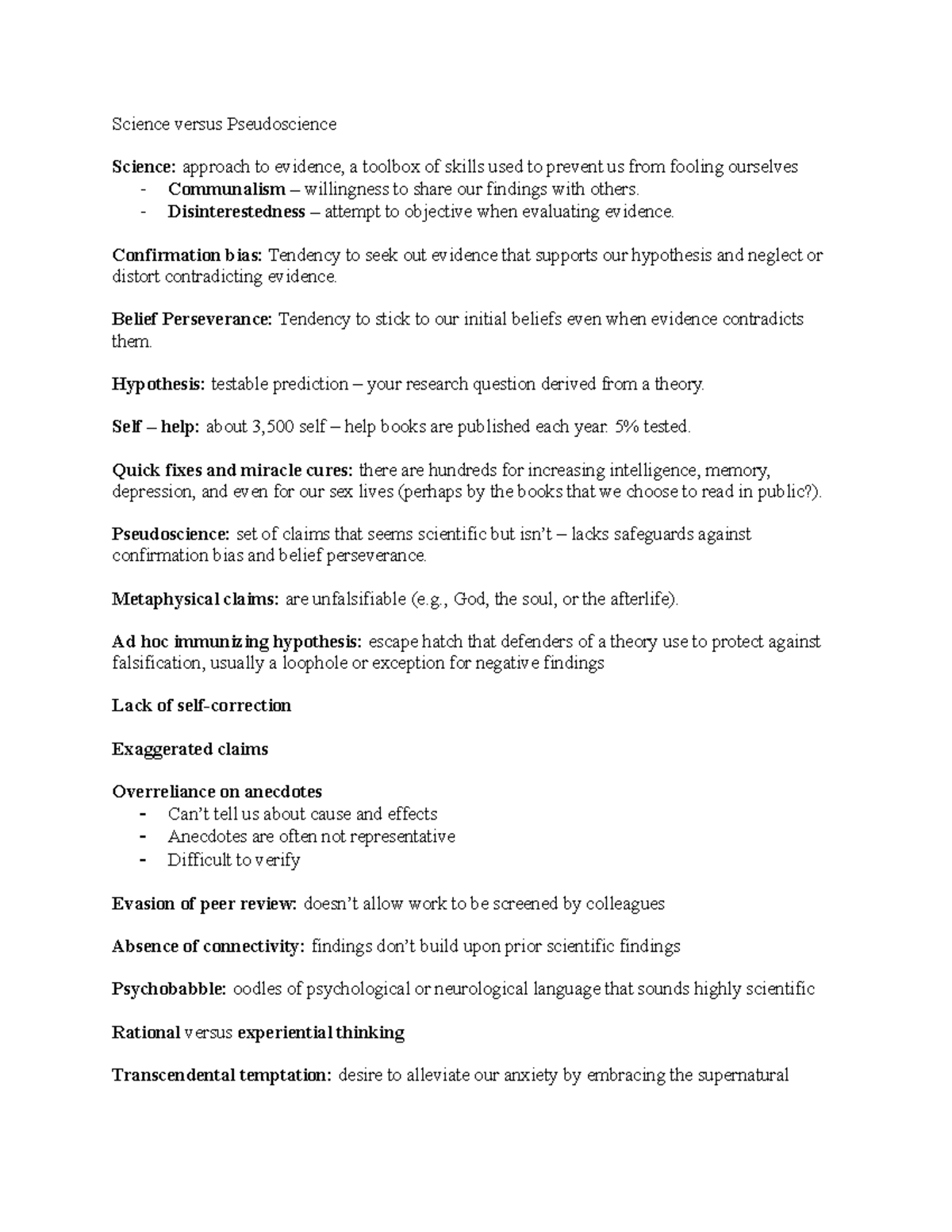 Science versus Pseudoscience - Science versus Pseudoscience Science: approach to evidence, a ...