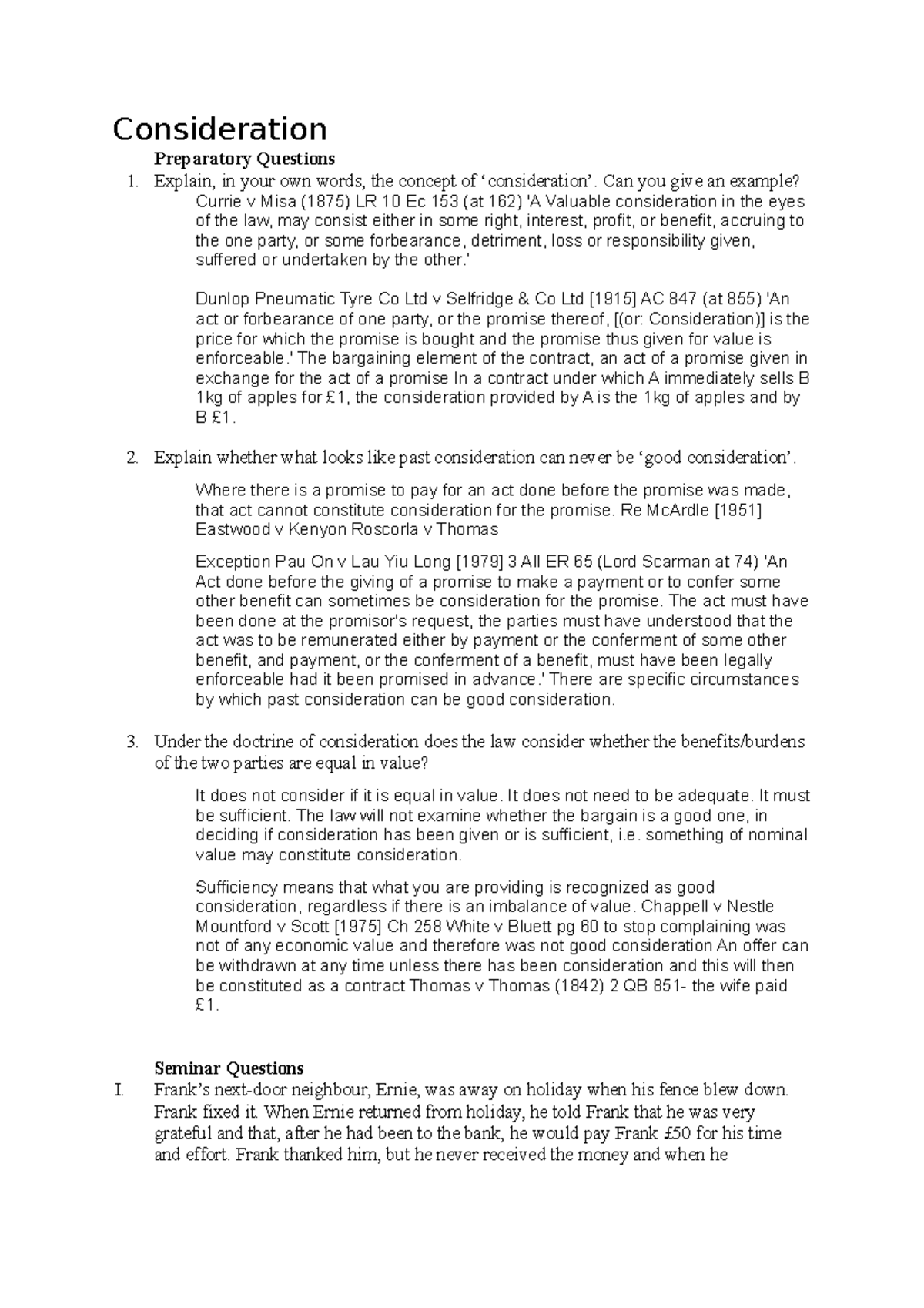 Consideration Seminar 4 - Consideration Preparatory Questions 1 ...