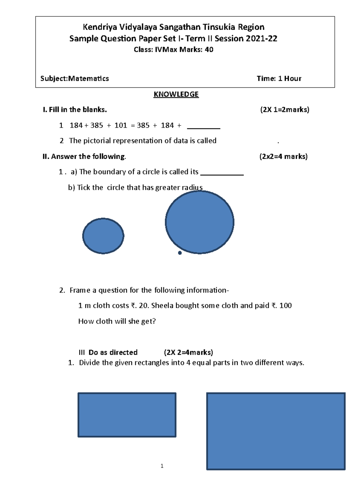 Class-IV- Maths- SP- SET 1 - 1 Kendriya Vidyalaya Sangathan Tinsukia ...